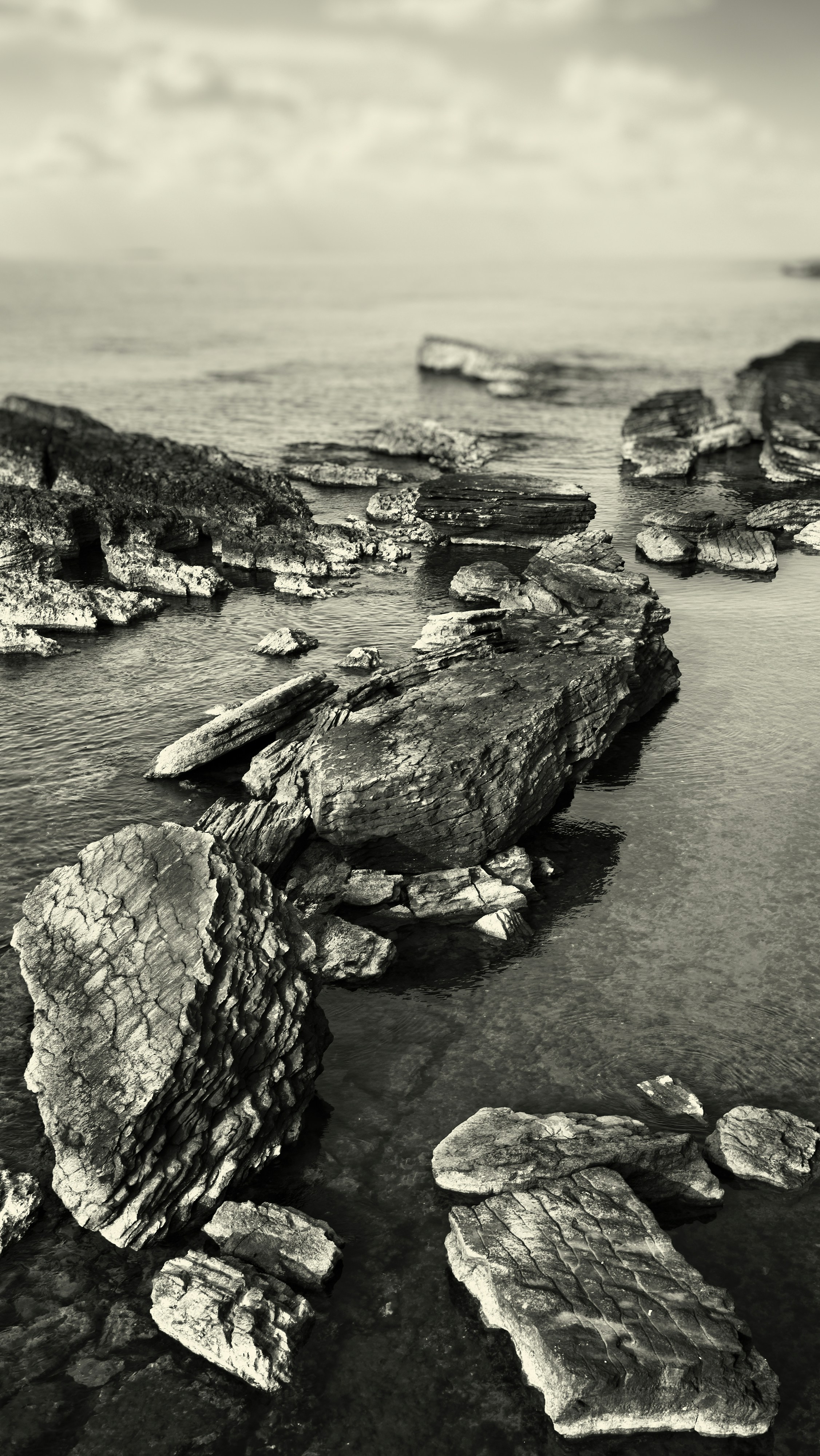 Rugged shoreline in monochrome: layered rock textures meet calm waters
