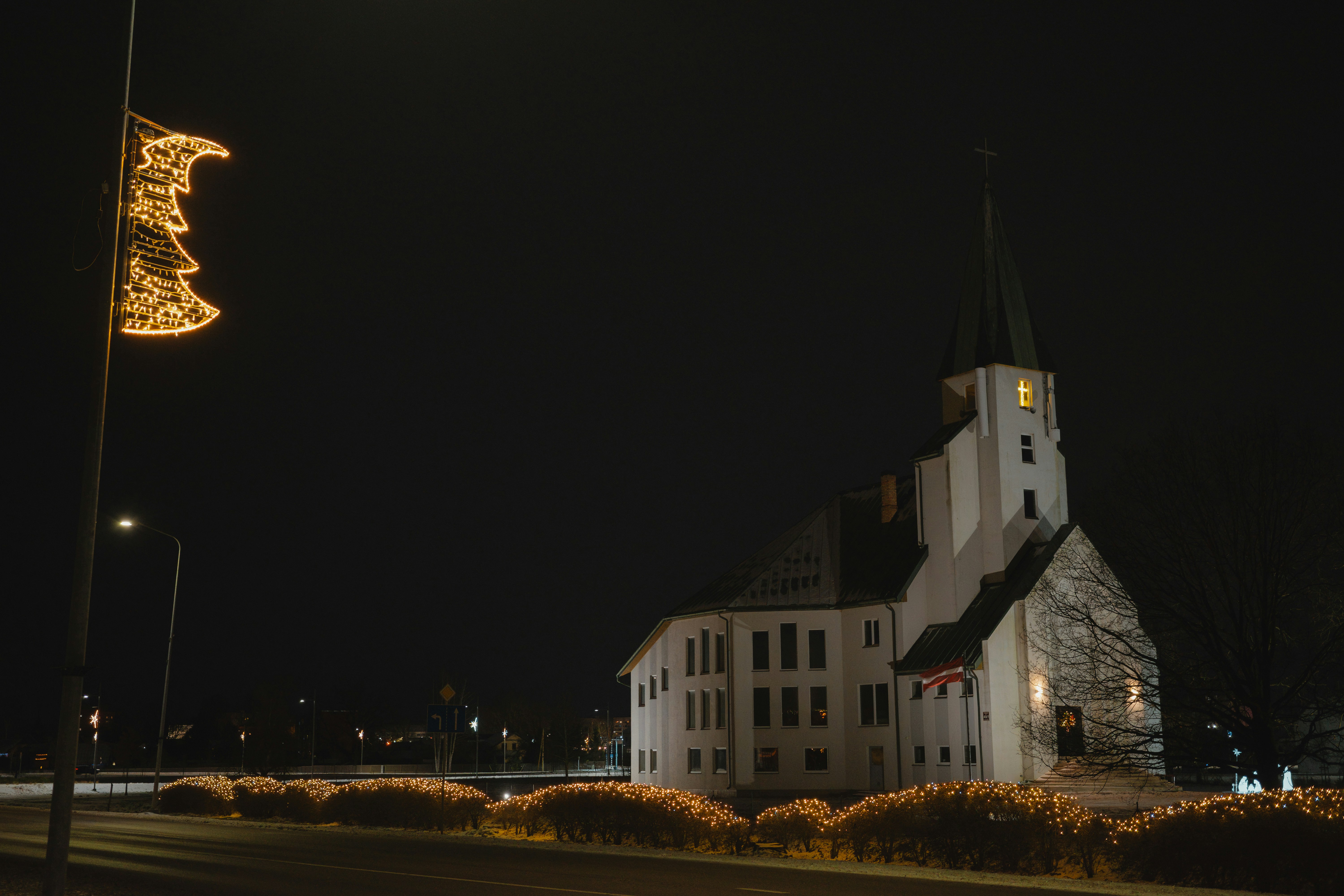 Night Church Amid Quiet Streetlights