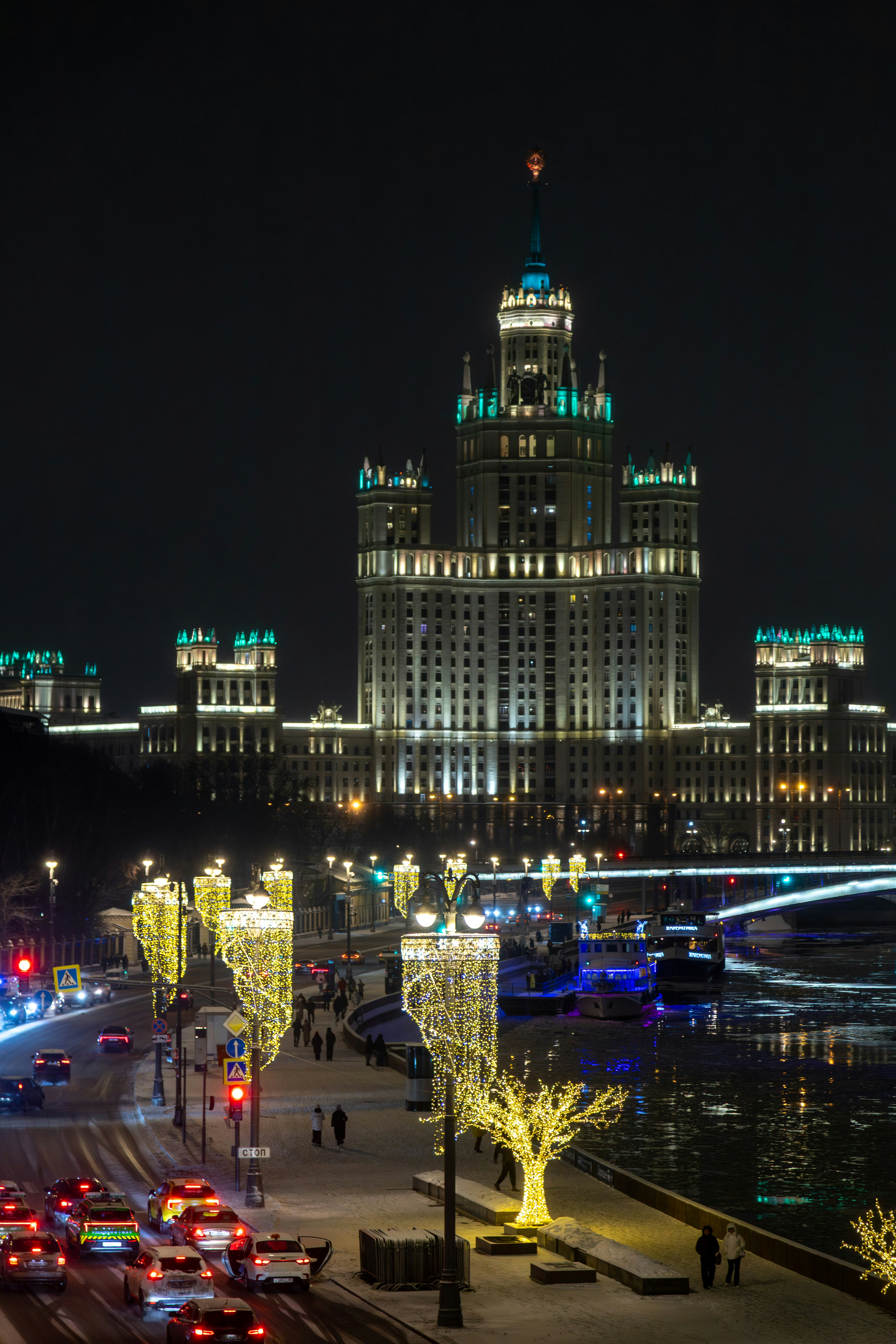 Nightfall Over the Neon-Trimmed Mansion: Moscow-esque Cityscape by the River