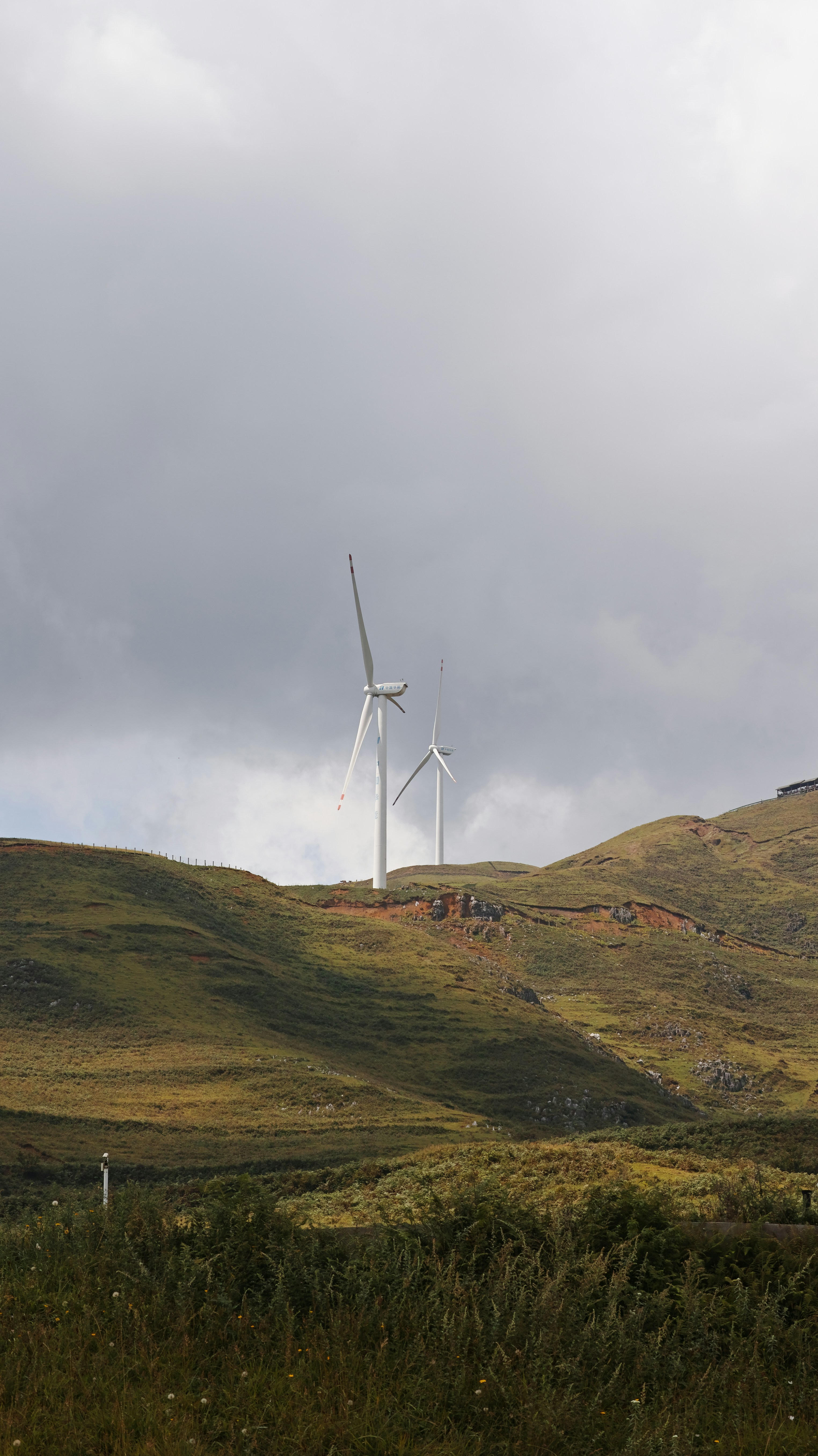 Wind turbines on a grassy hill under cloudy sky