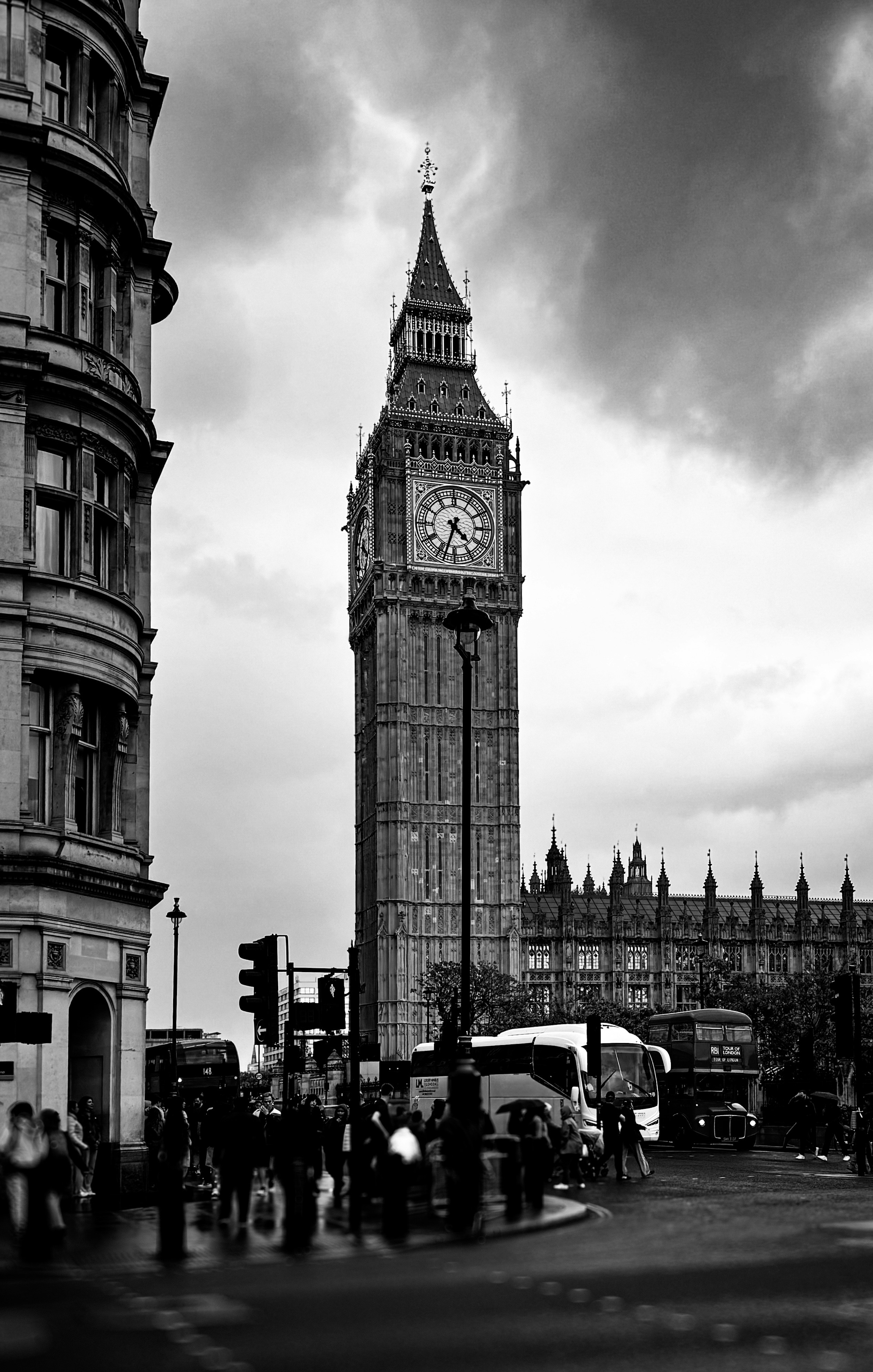 Clock Tower and City Pulse: A London Moment in Monochrome