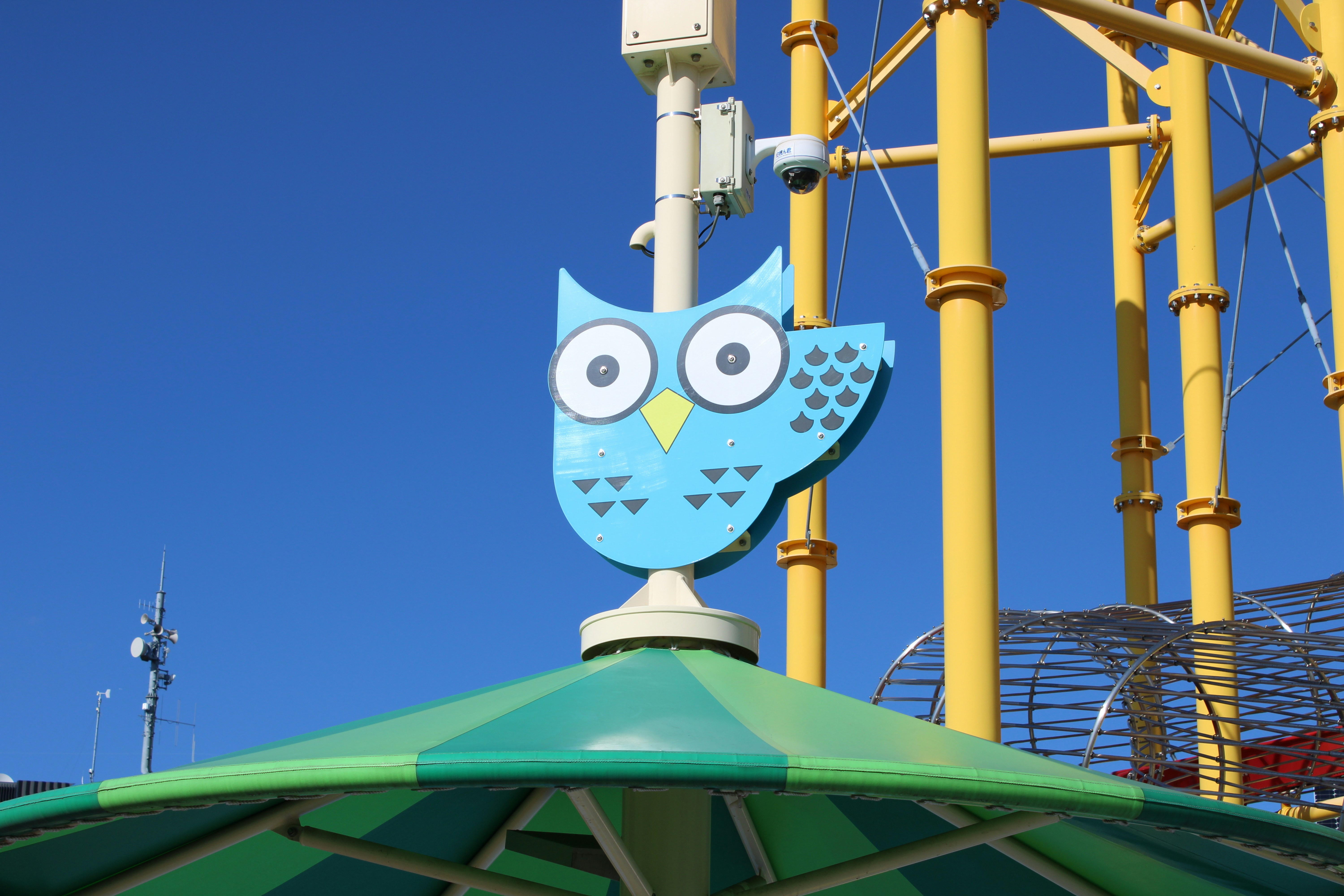 Blue Owl Sign Above a Green Canopy in an Amusement Park