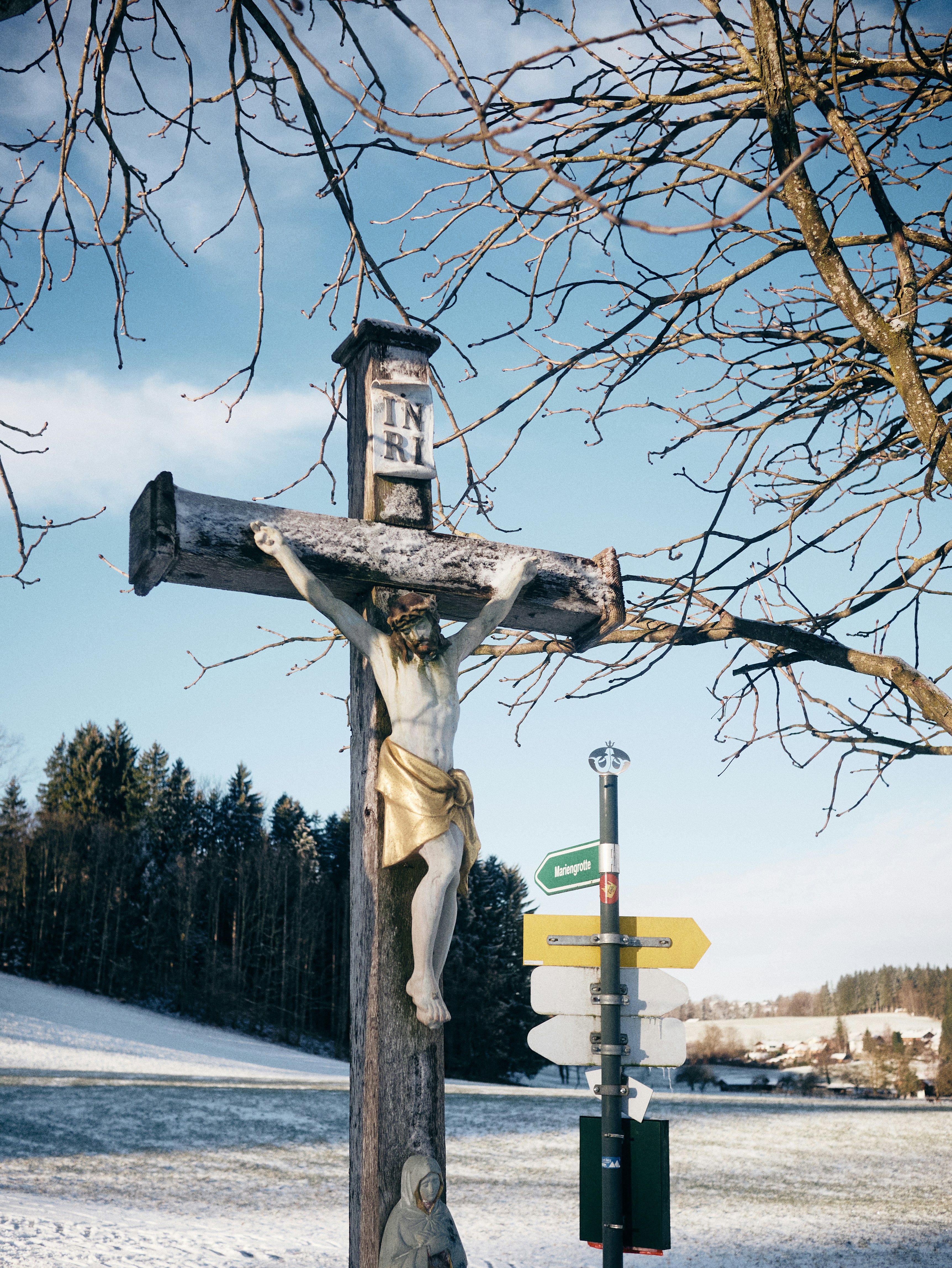 Crucifixion in Snow: A Frosty Horizon with a Signpost Sentinel