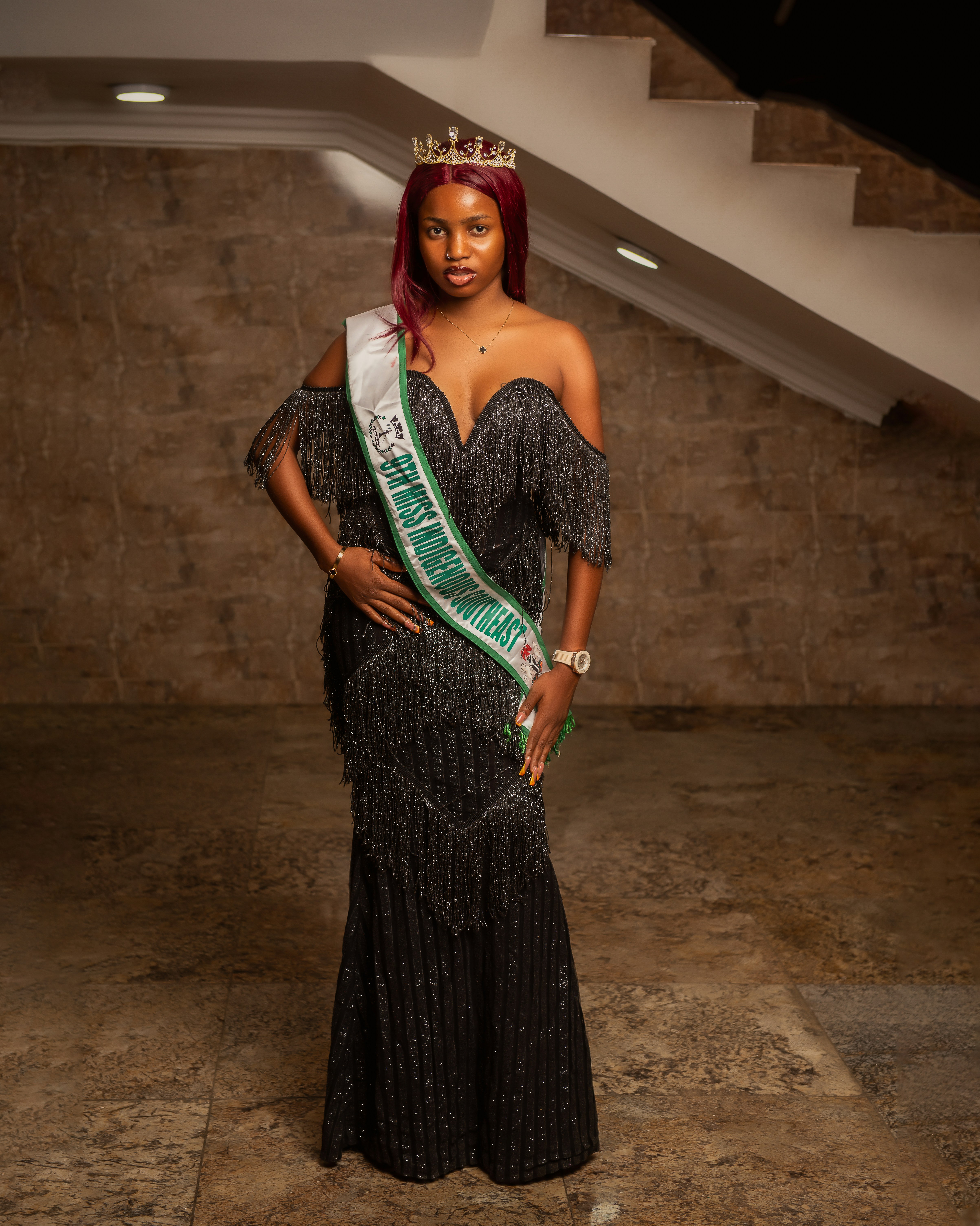 Crowned in Evening Glamour: Miss Illumination Stairs