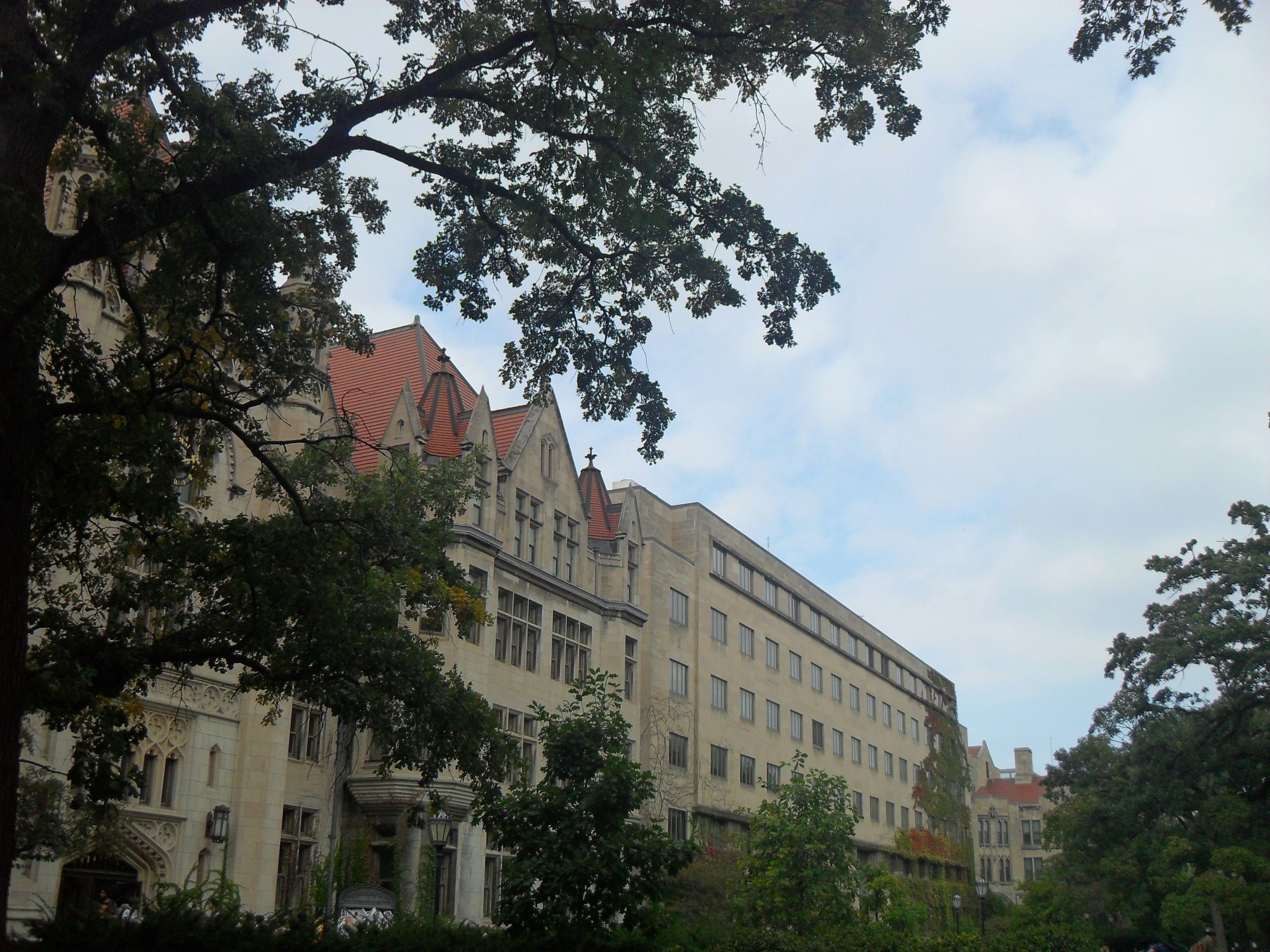 Historic buildings with trees and cloudy sky