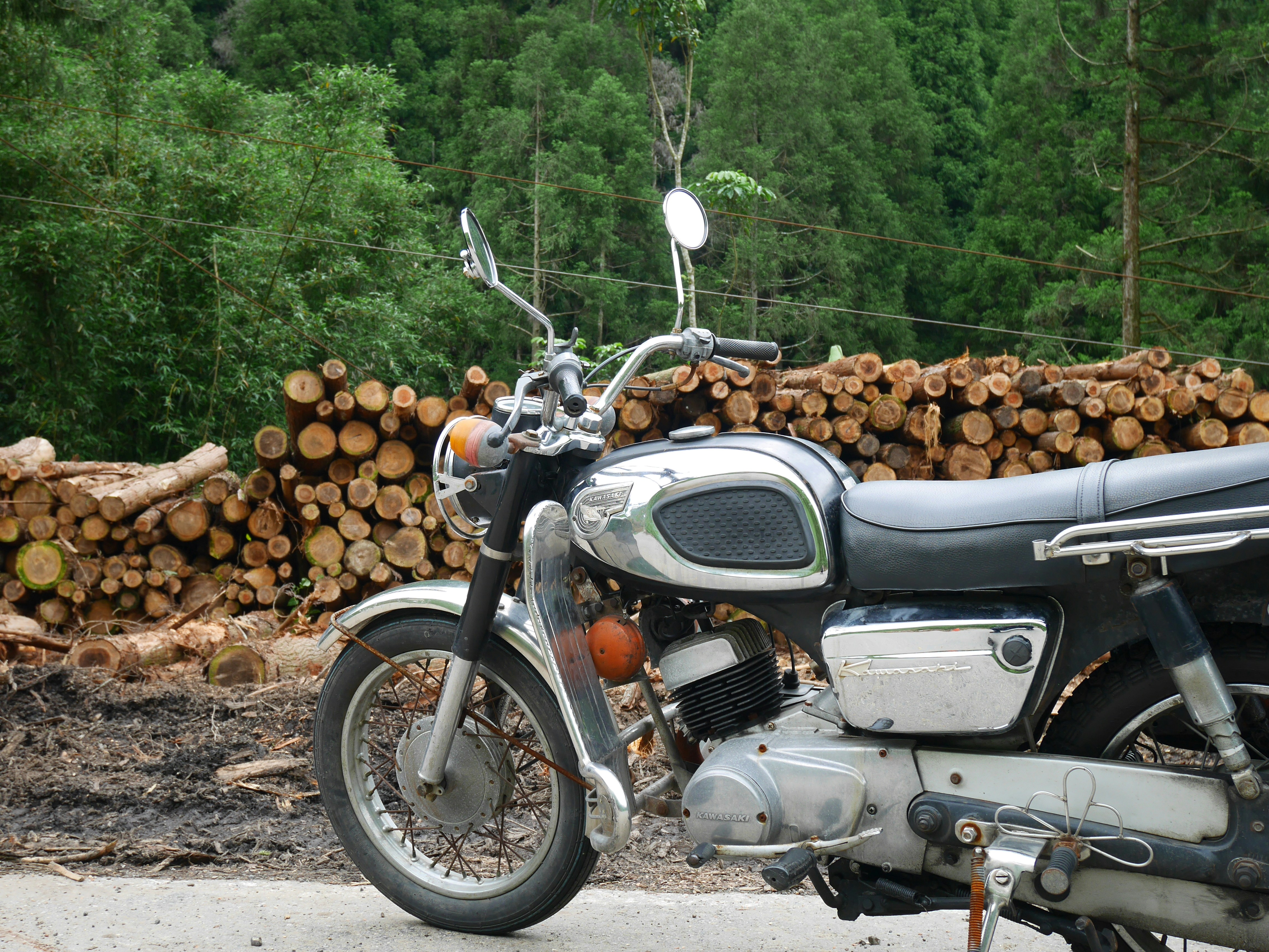 Vintage motorcycle parked near stacked logs