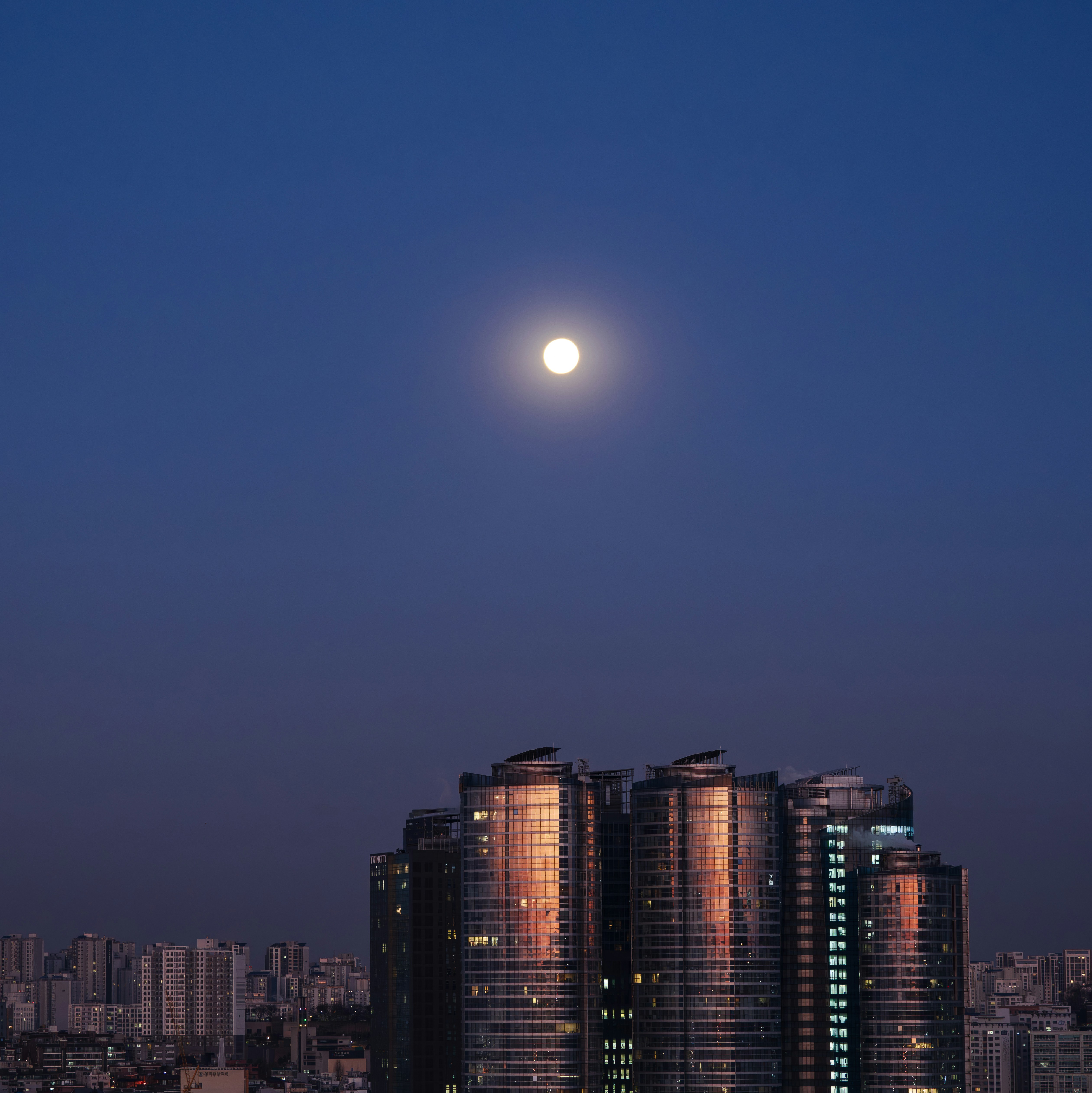 Moonlit Skyline: Glass Towers Under Nightfall
