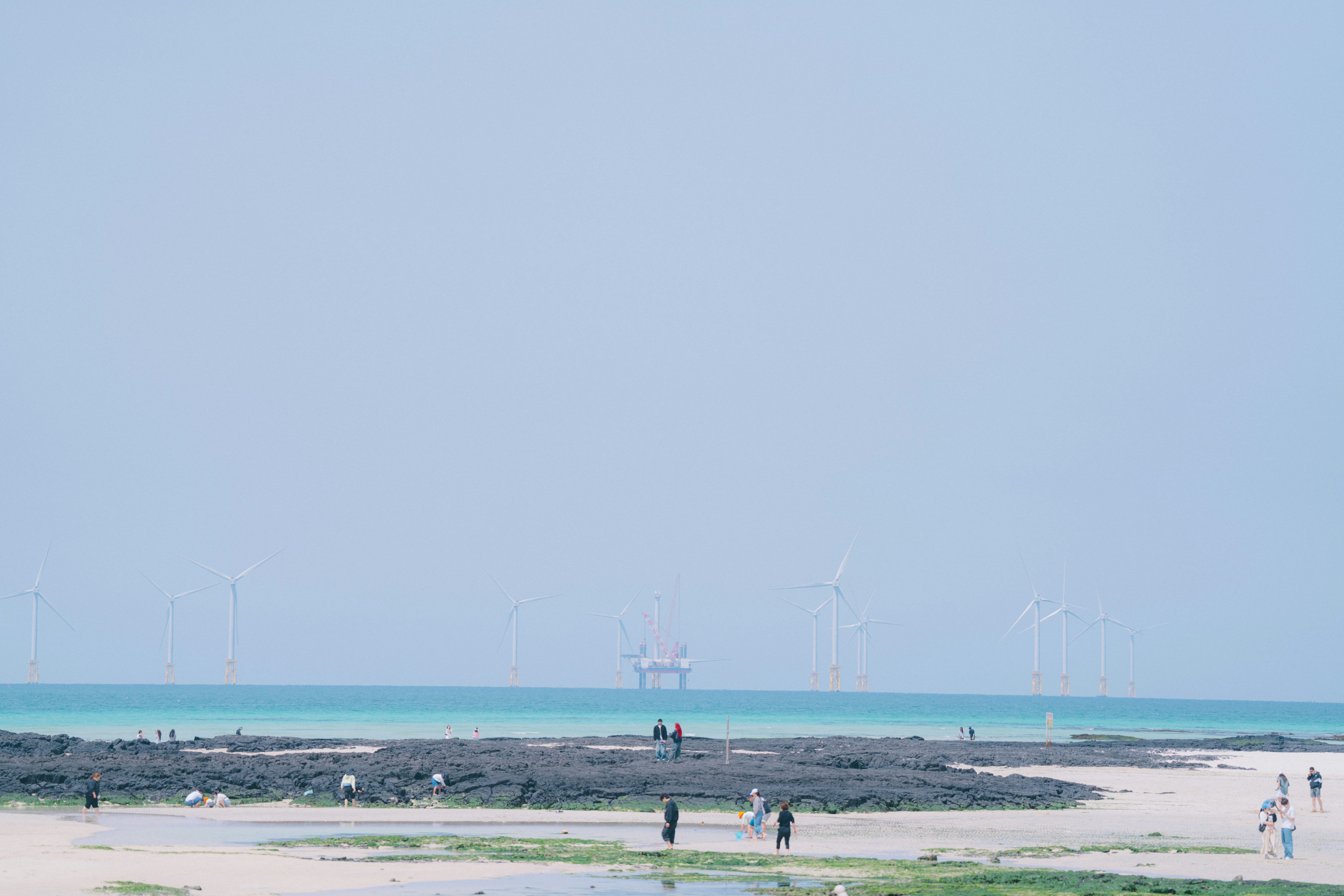 Windmills on the Horizon: A Quiet Beach Under a Pale Sky
