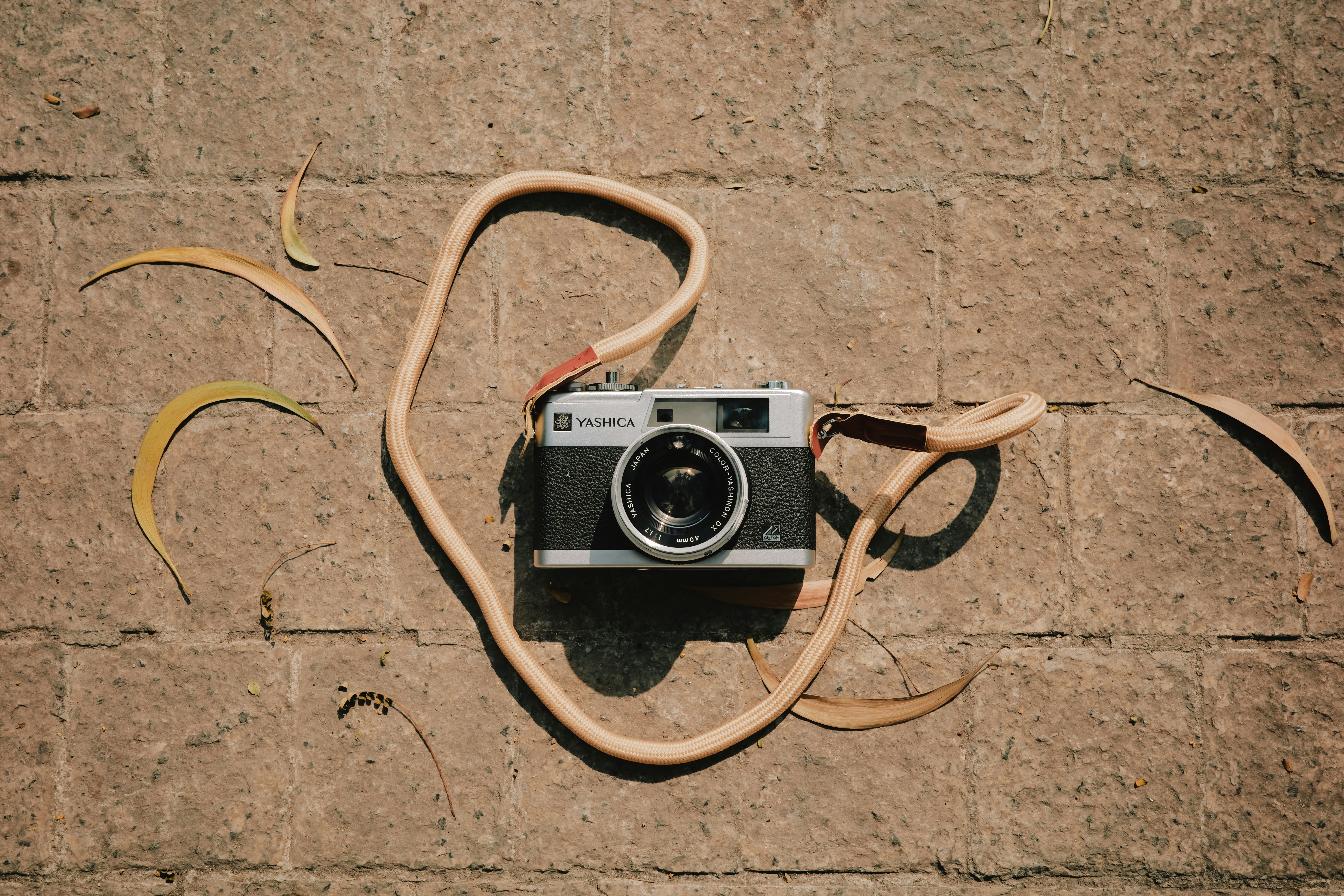 Strapped for Street: A Vintage Camera with a Caramel Strap on Sunlit Pavers