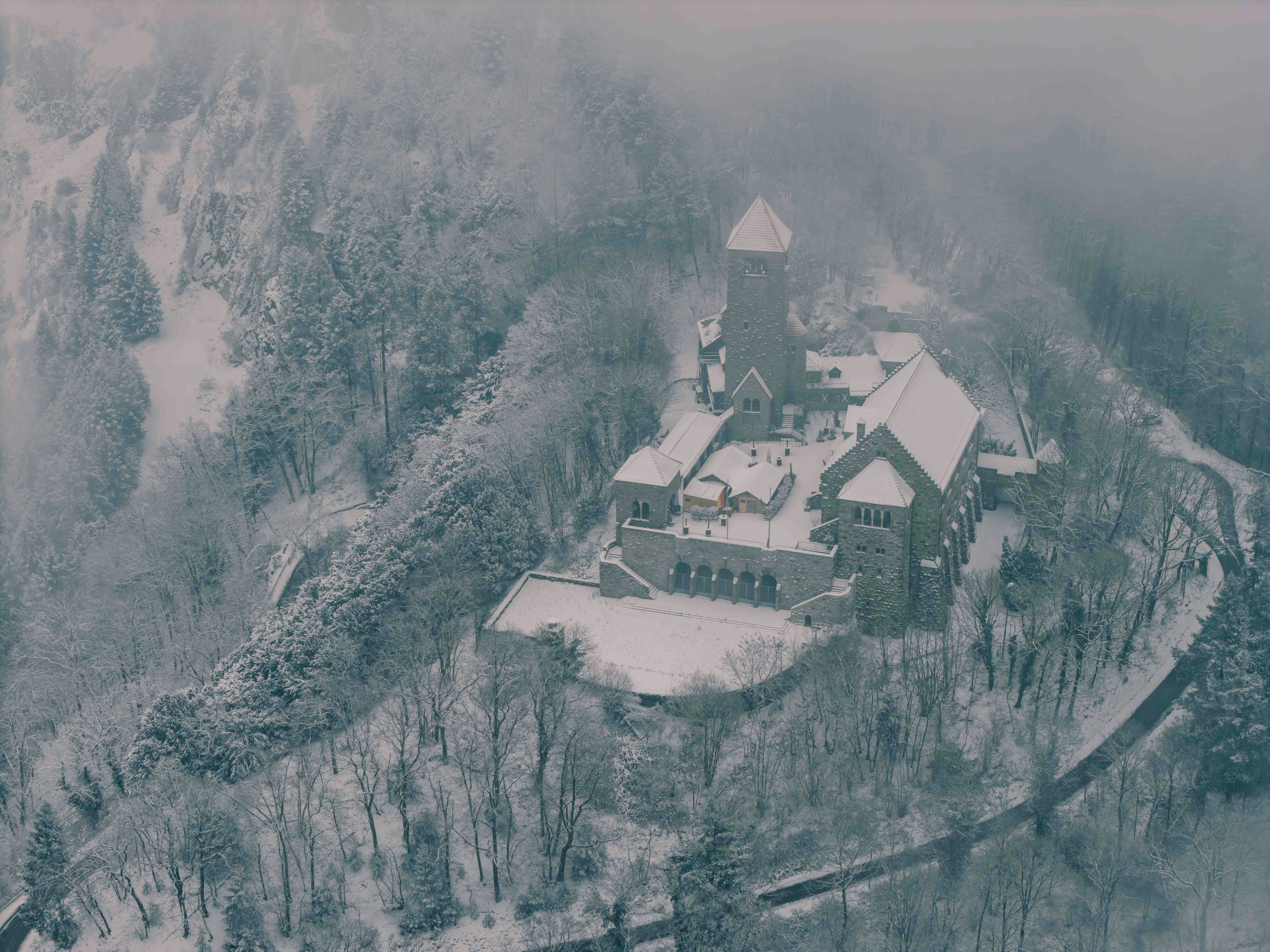 Snowbound Manor: Aerial Portrait of a Forest-Cloaked Castle