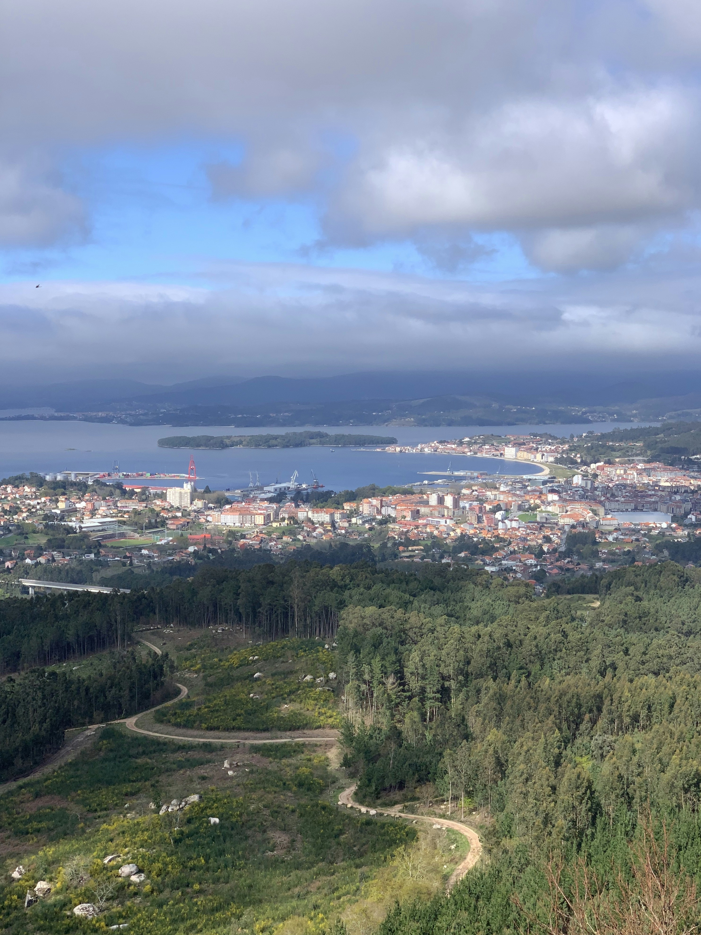 Coastal town embraced by a rolling pine hillside under a sweeping cloudscape