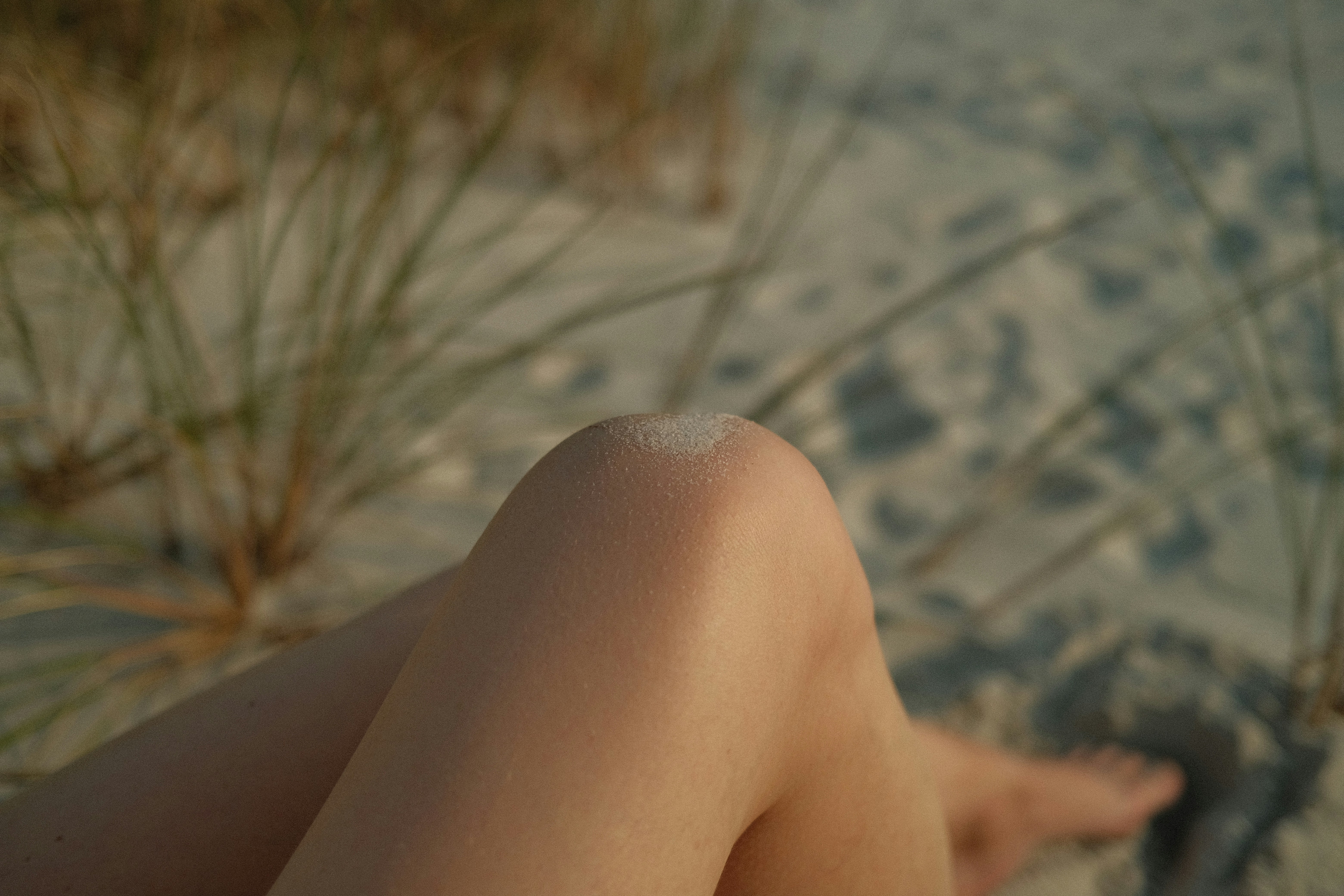 Sun-Bathed Knee: A Quiet Moment on Faded Sand
