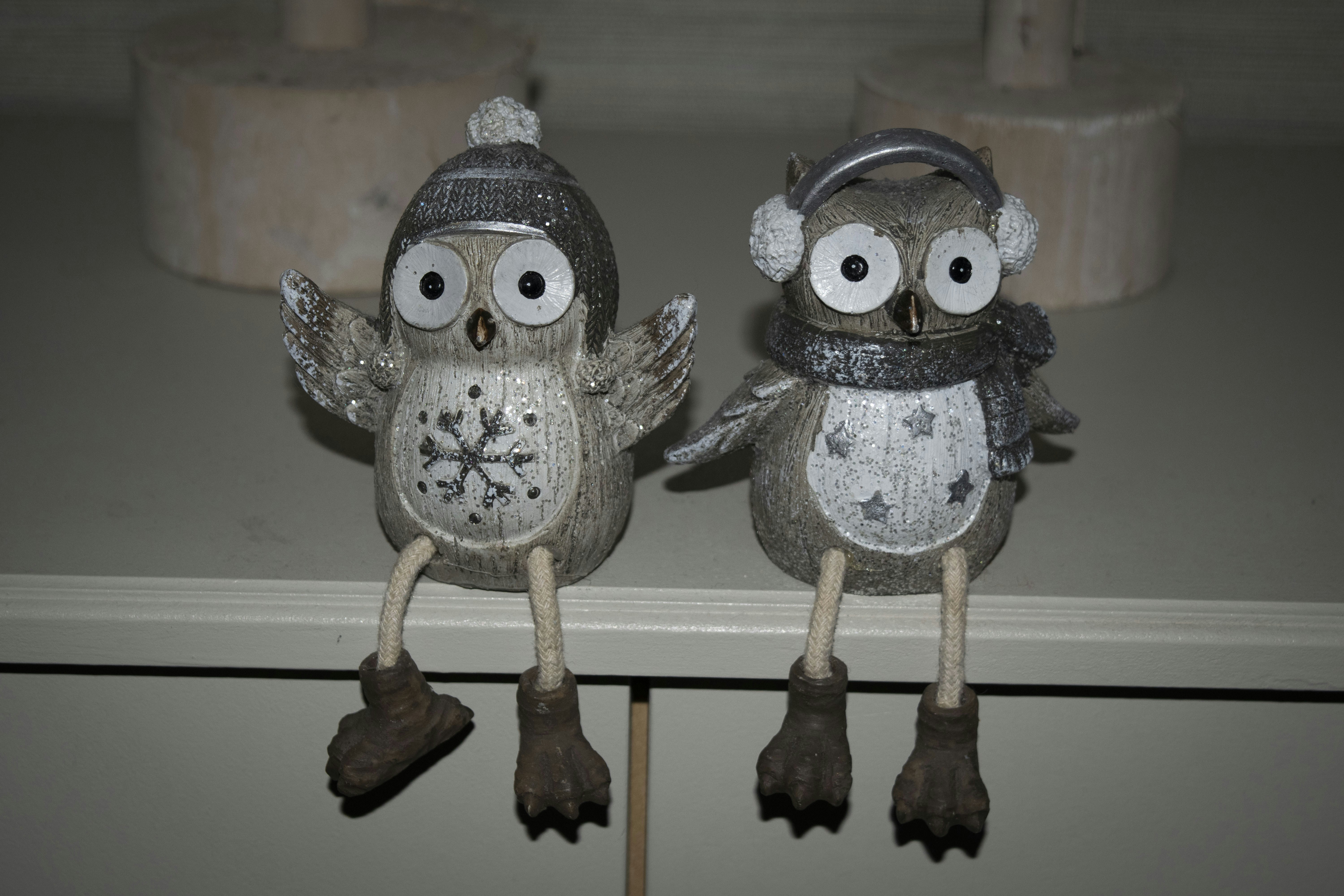 Two decorative owls perched on a shelf in soft indoor light