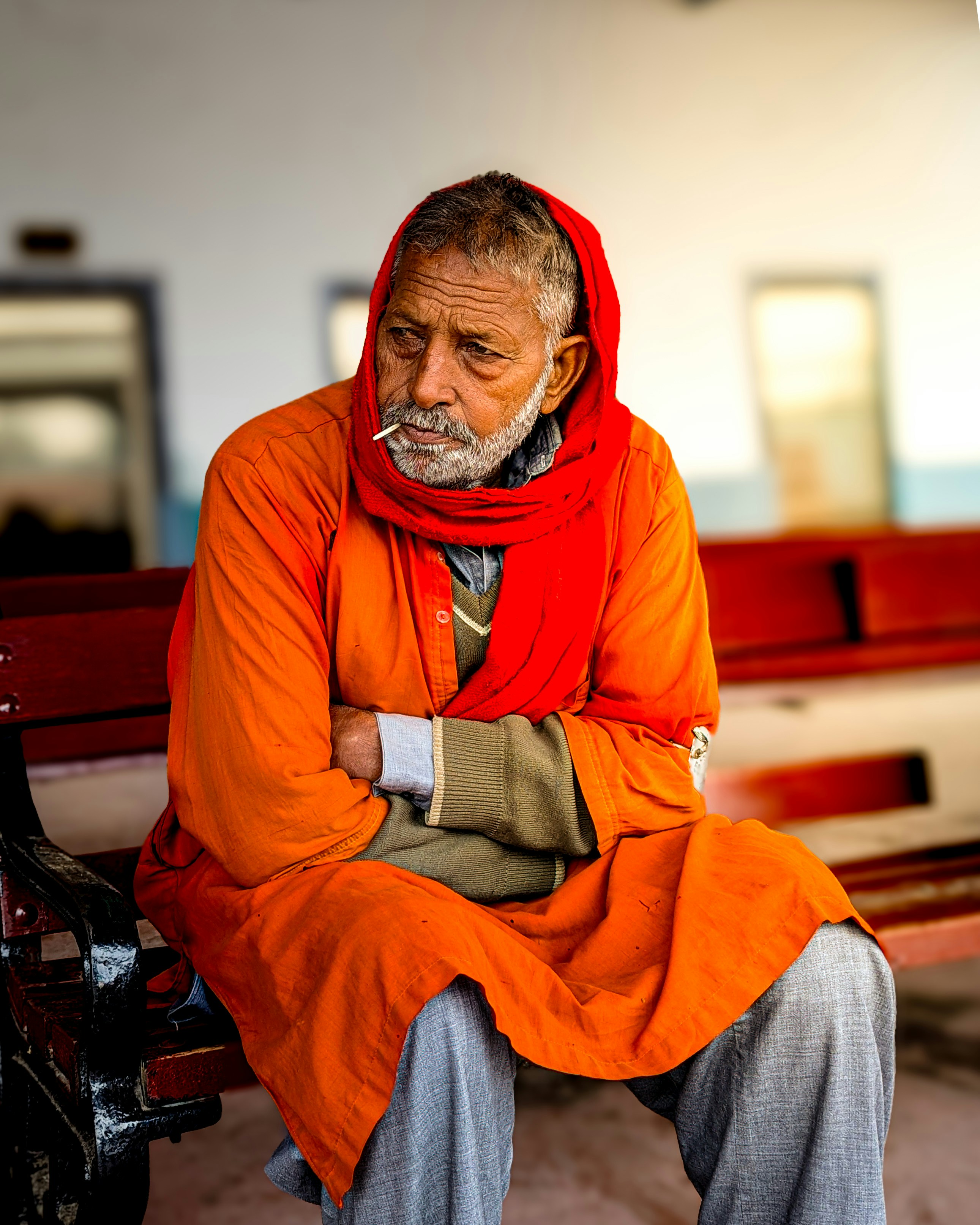 Orange-robed Elder on a Quiet Bench