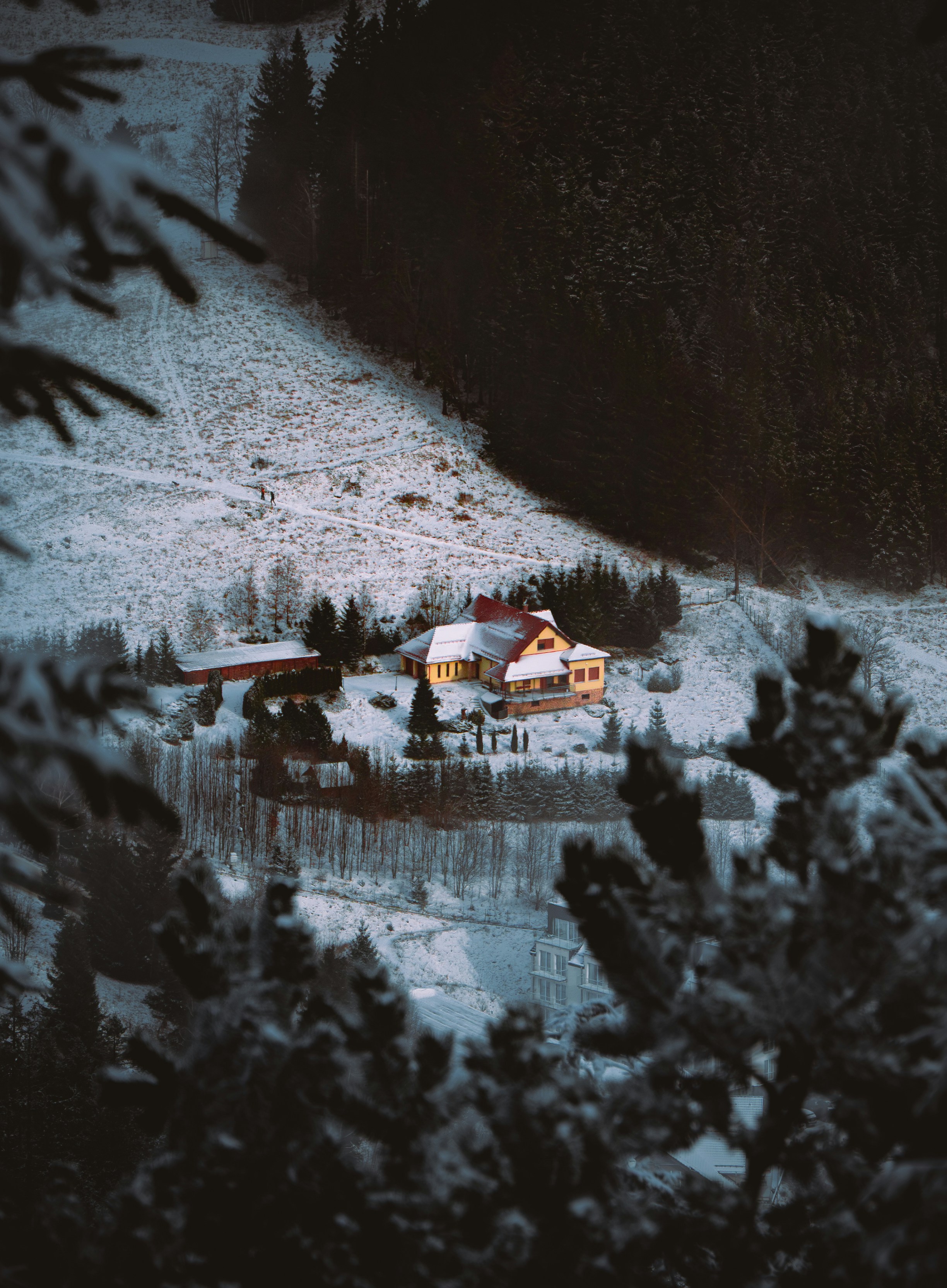 Snowbound Refuge: A Warmed Cabin Nestled in a Narrow Valley