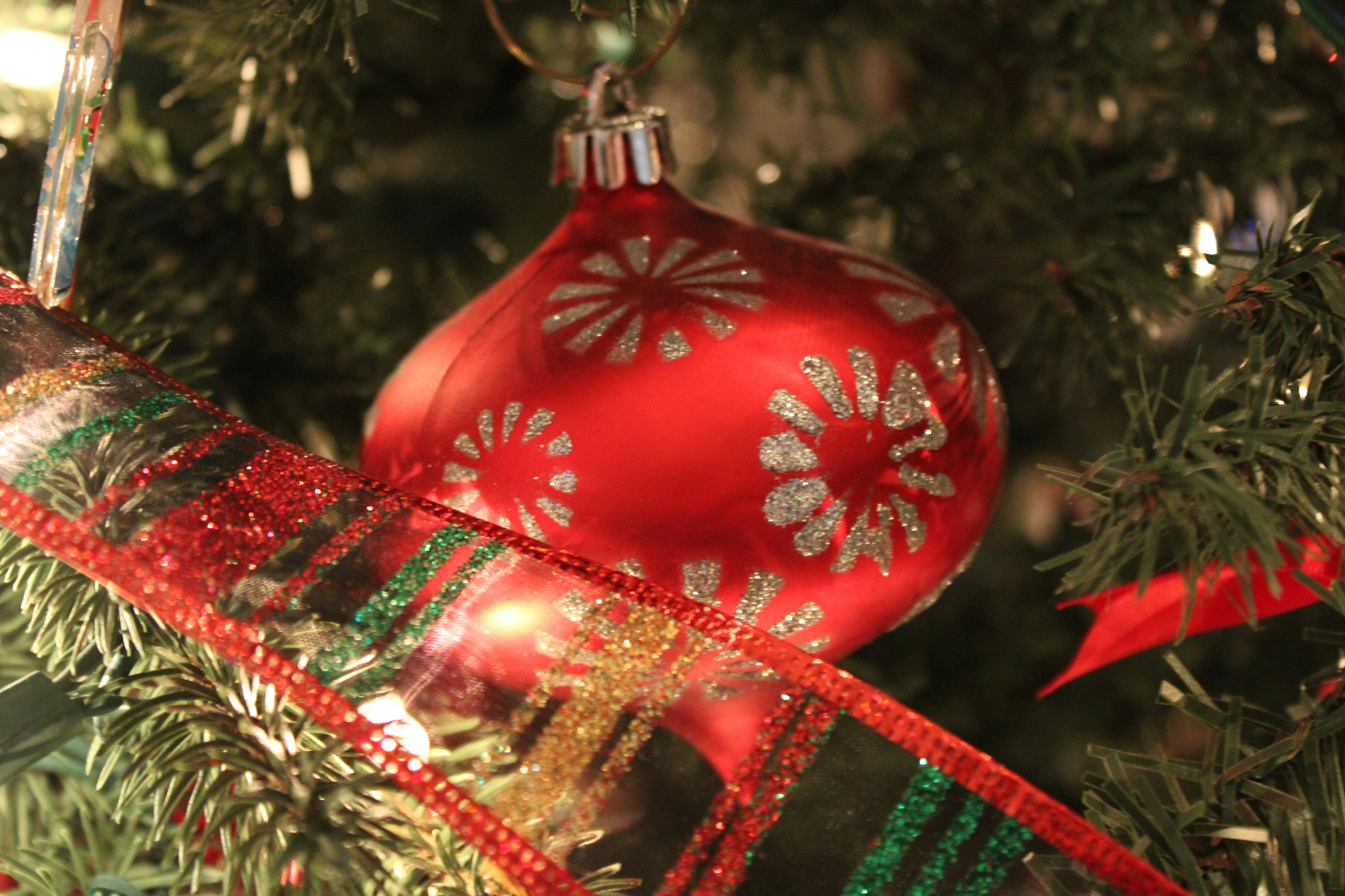 Red Ornament in festive tangle with shimmering ribbon