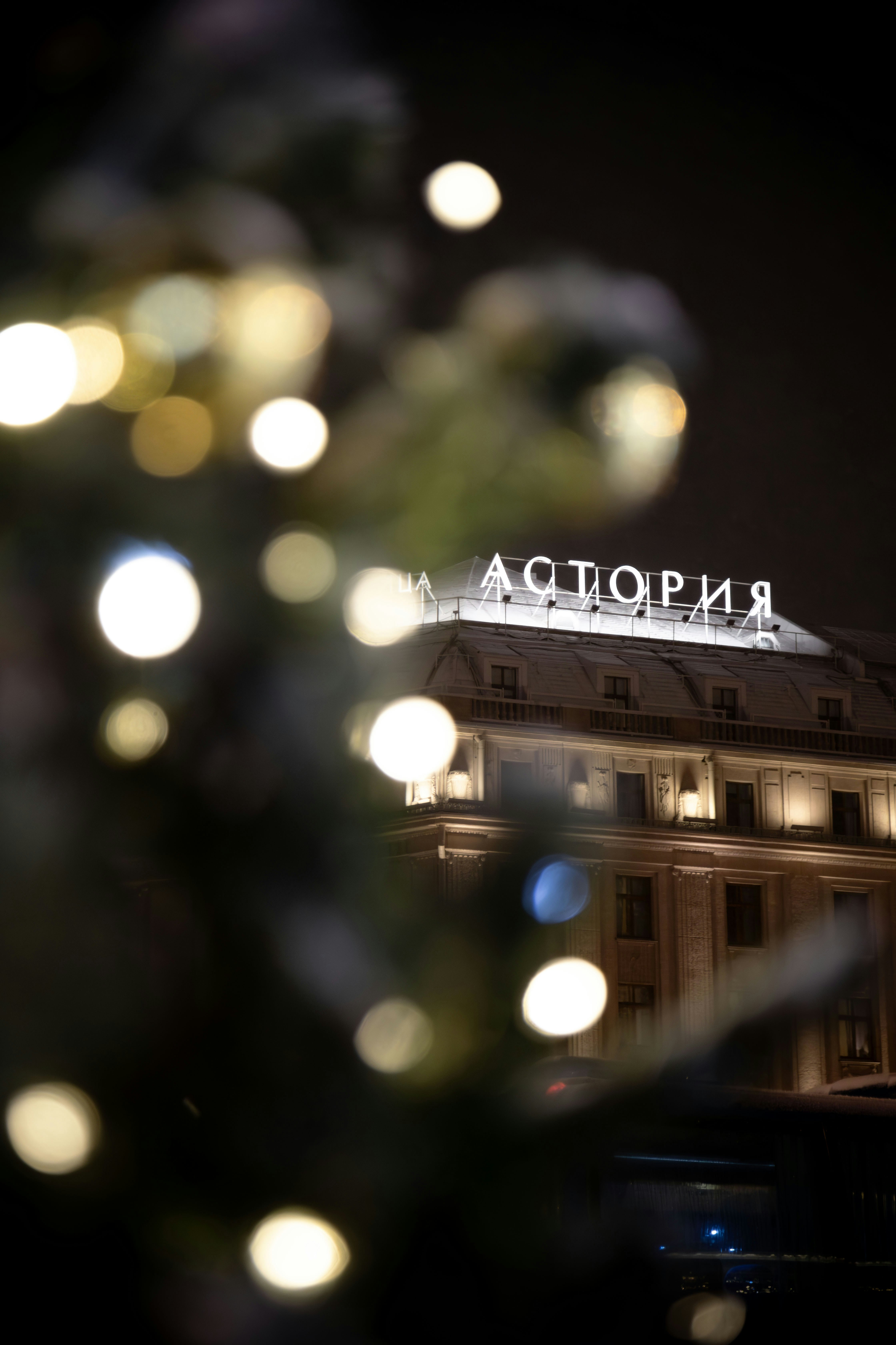 Neon Signover at Night: Historic Facade Peeking Through Bokeh