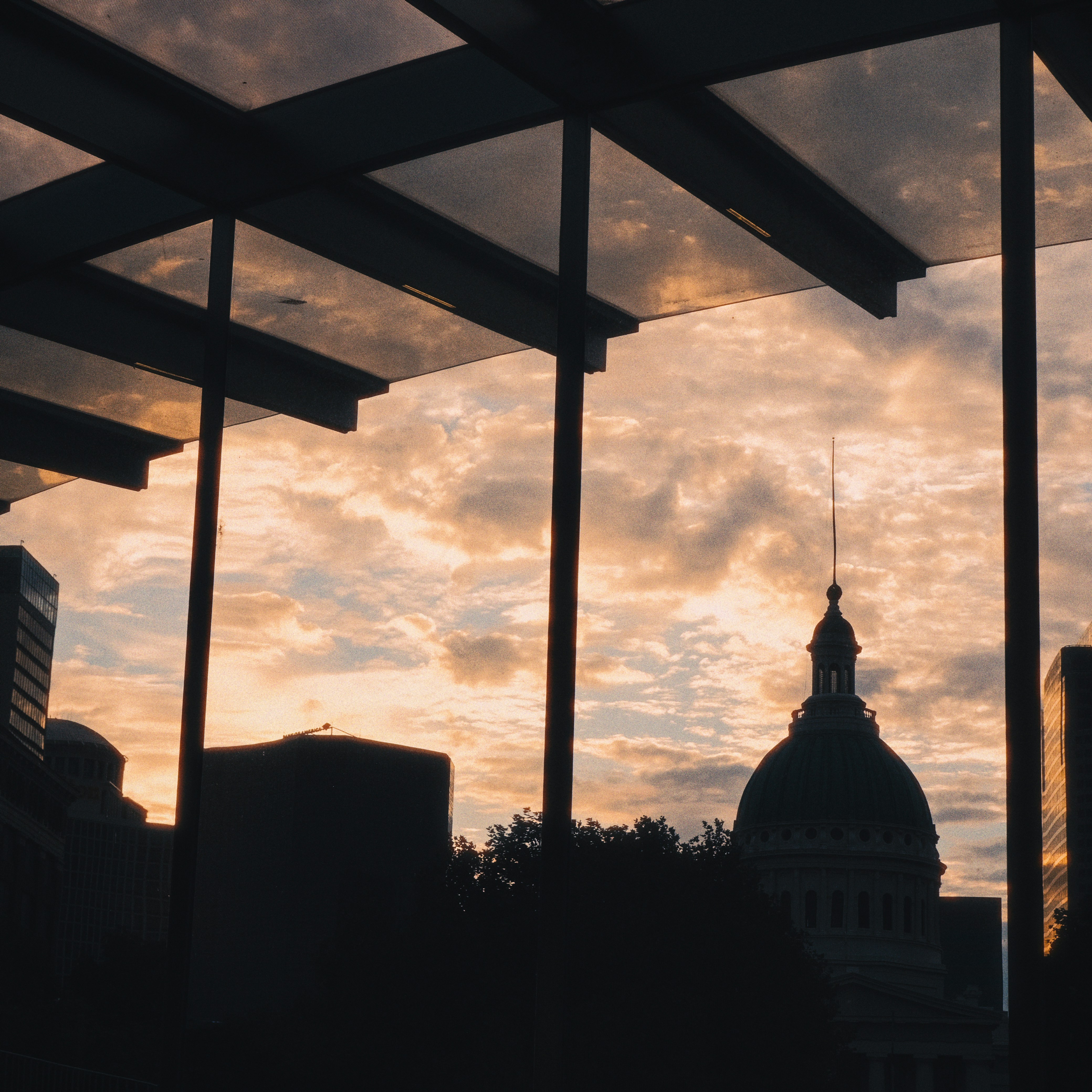 Silhouette Skyscraper at Sunset from an Open Atrium