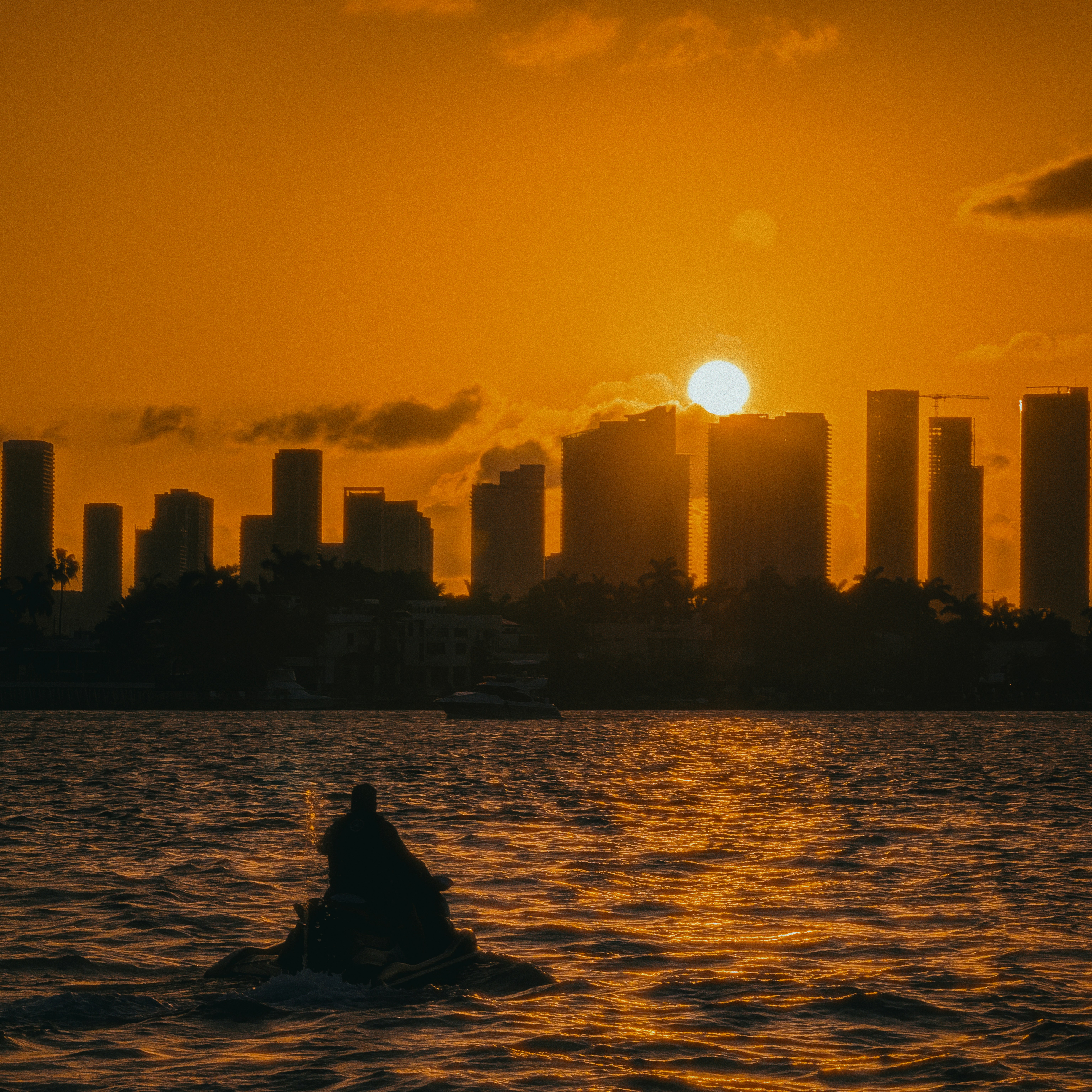Sunset Silhouette Over the Waterfront Skyline