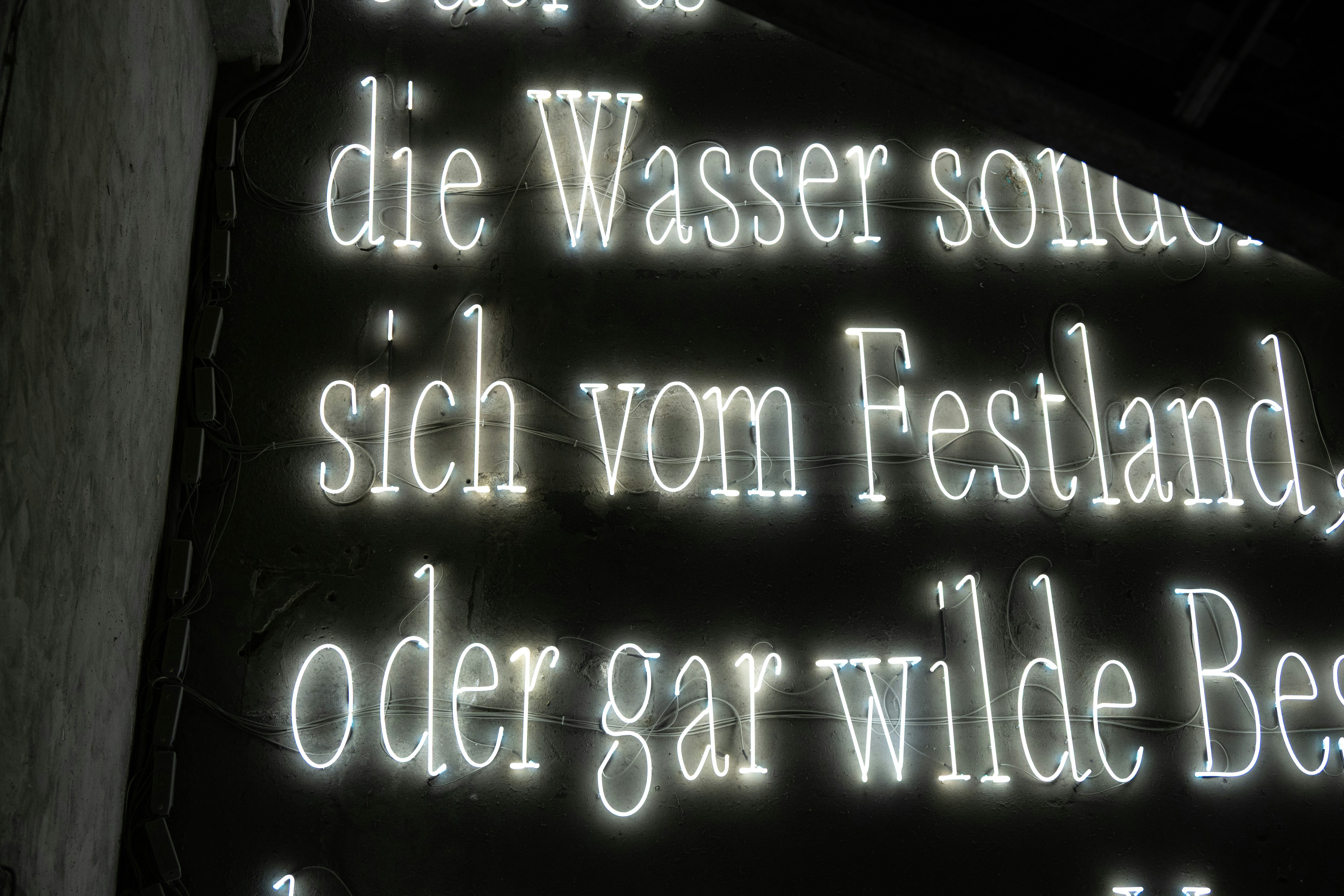 Neon Script in the Night: Lighted German Text on a Dark Wall