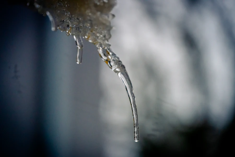 Close-up of a delicate icicle hanging from a frosty edge with a blurred dark background, capturing transient winter detail.
