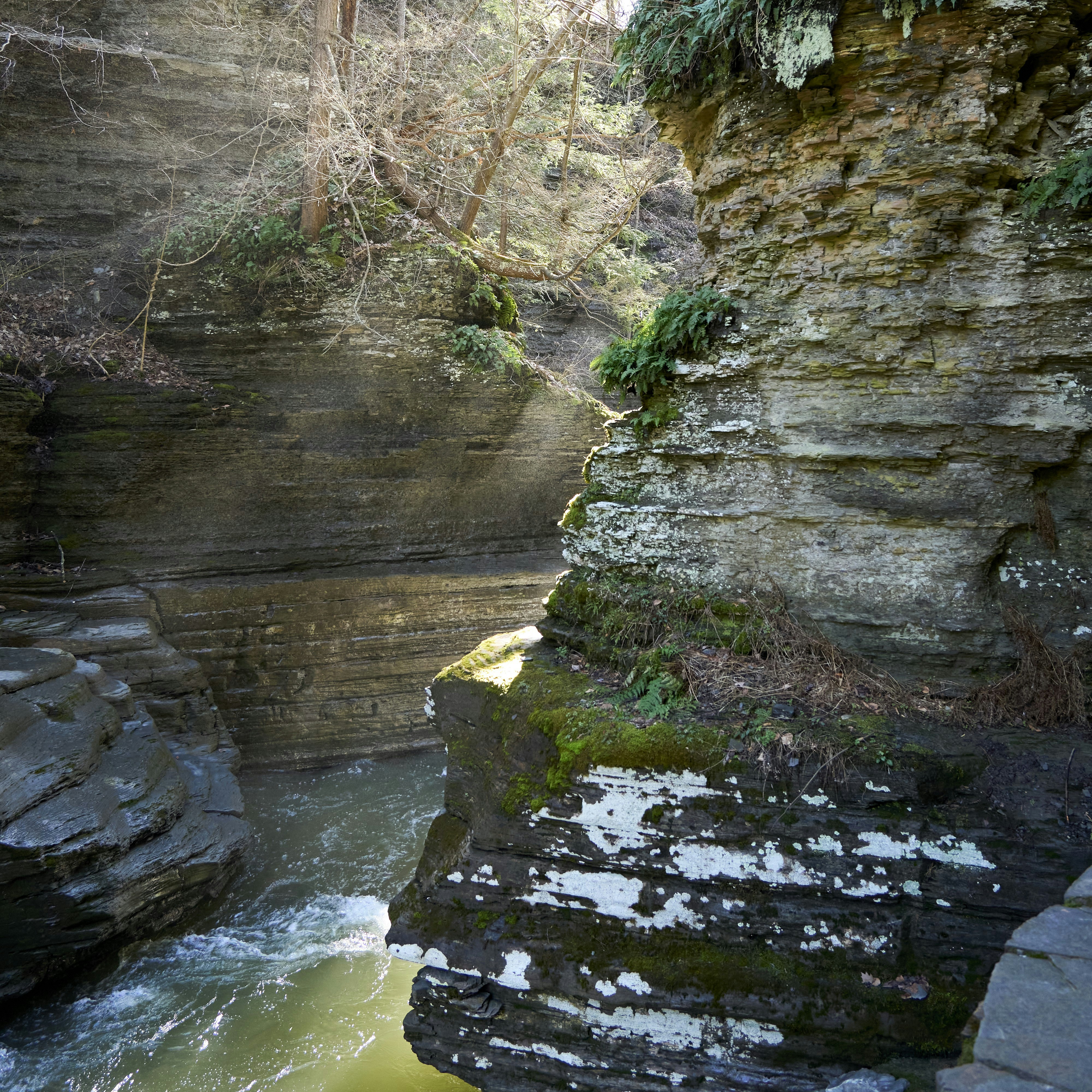 Moss-Clit Stone Edge Over a Quiet River Gorge