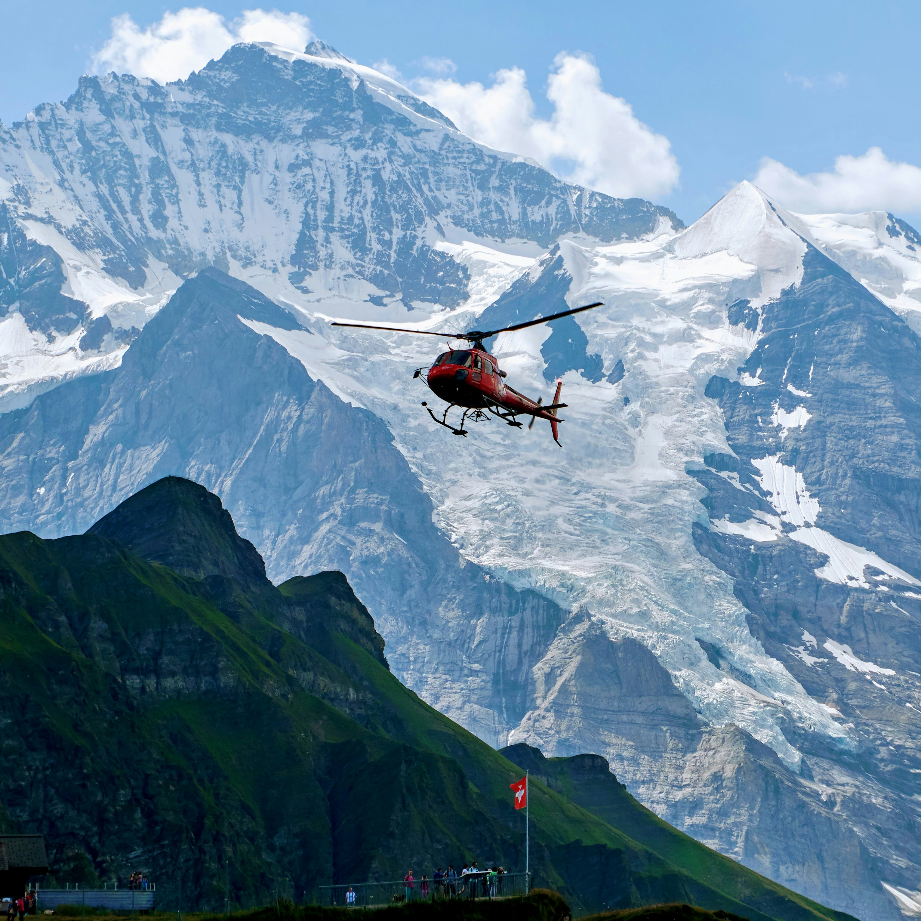 Red Helicopter Over Glacier Panache