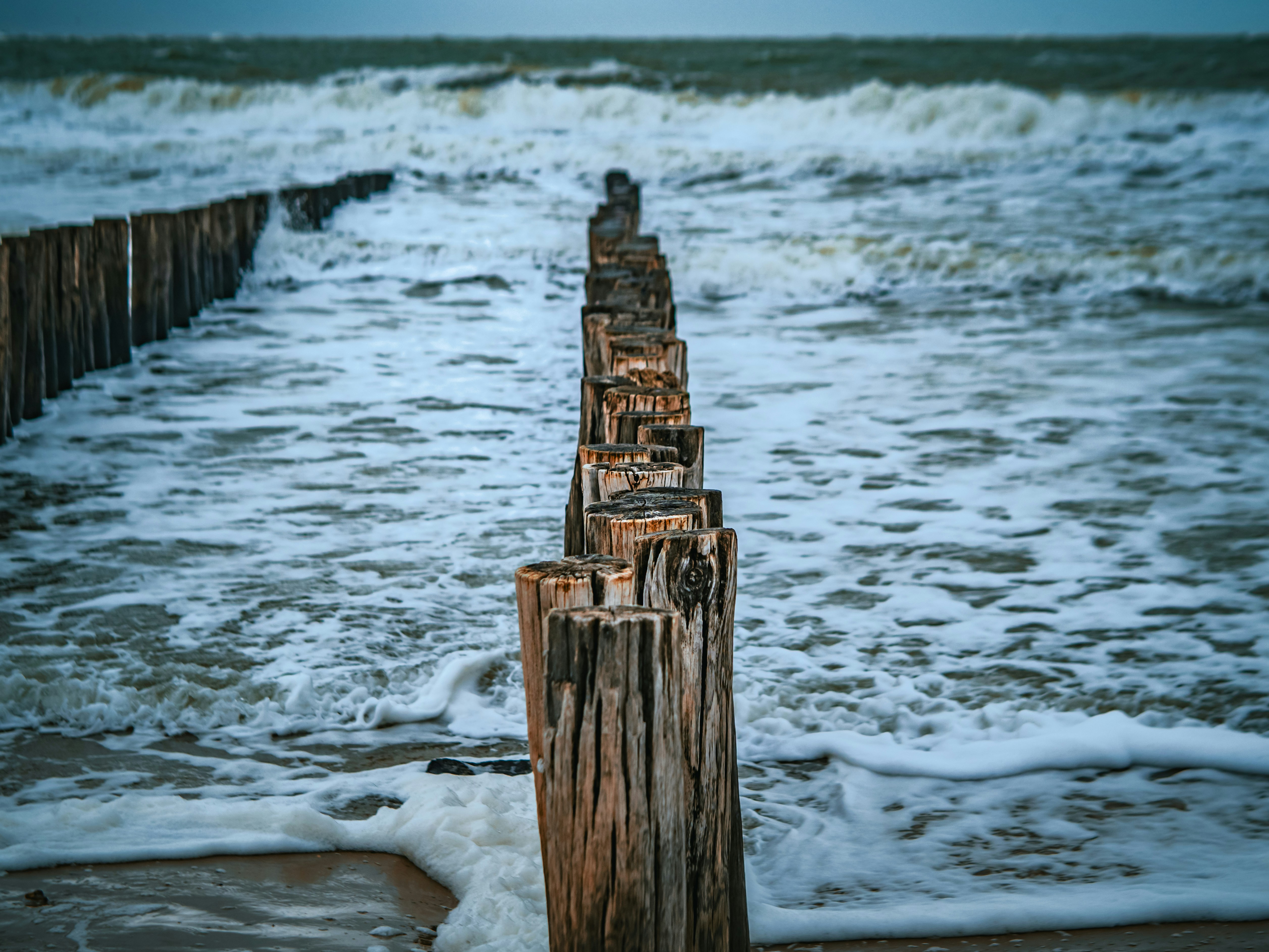 Weathered Path: Sea Stacks of a Timber Breakwater Receding into Rolling Surf