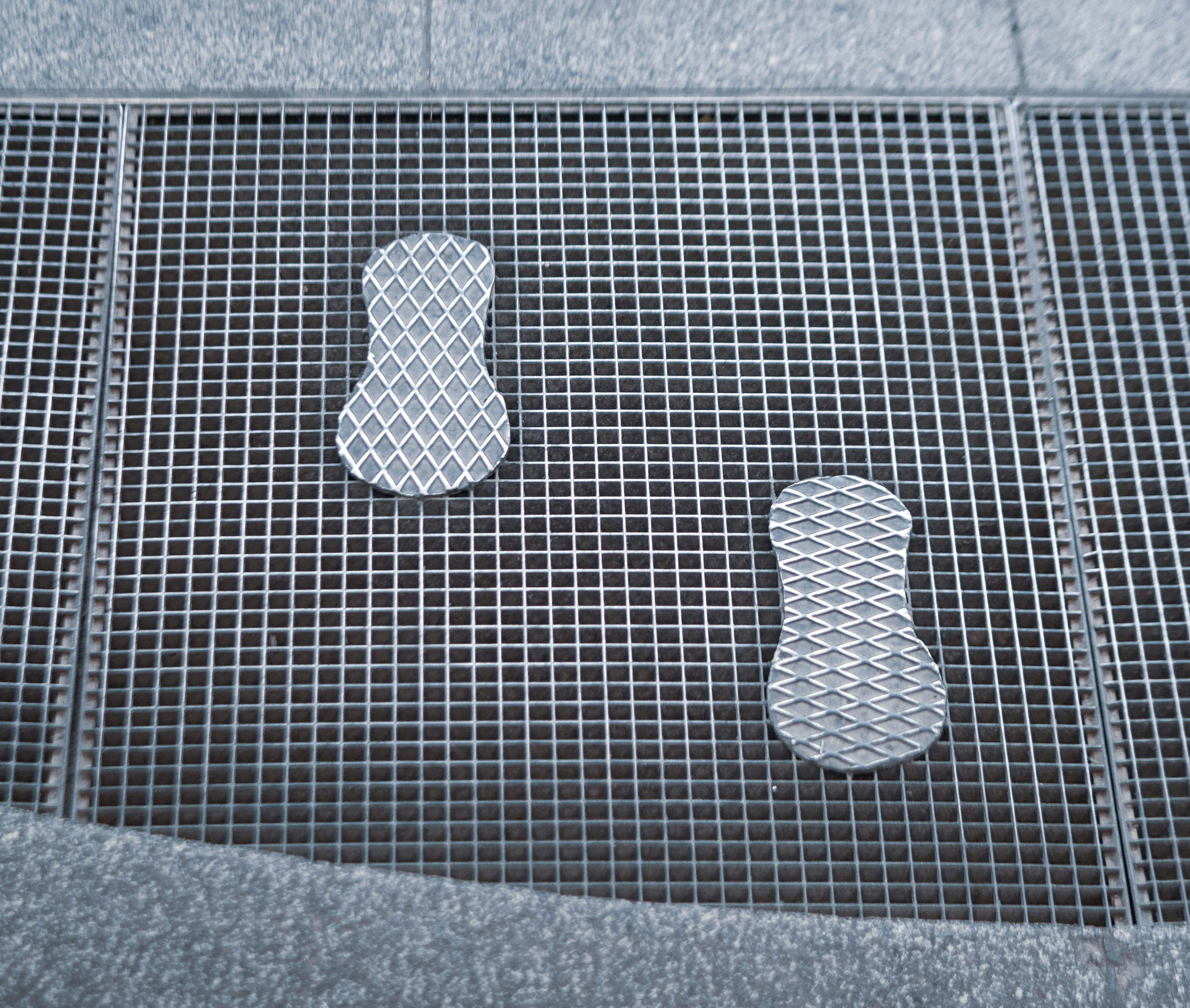 Grid of Gridded Drain Covers: Two Knobbed Tiles in a Metal Facade