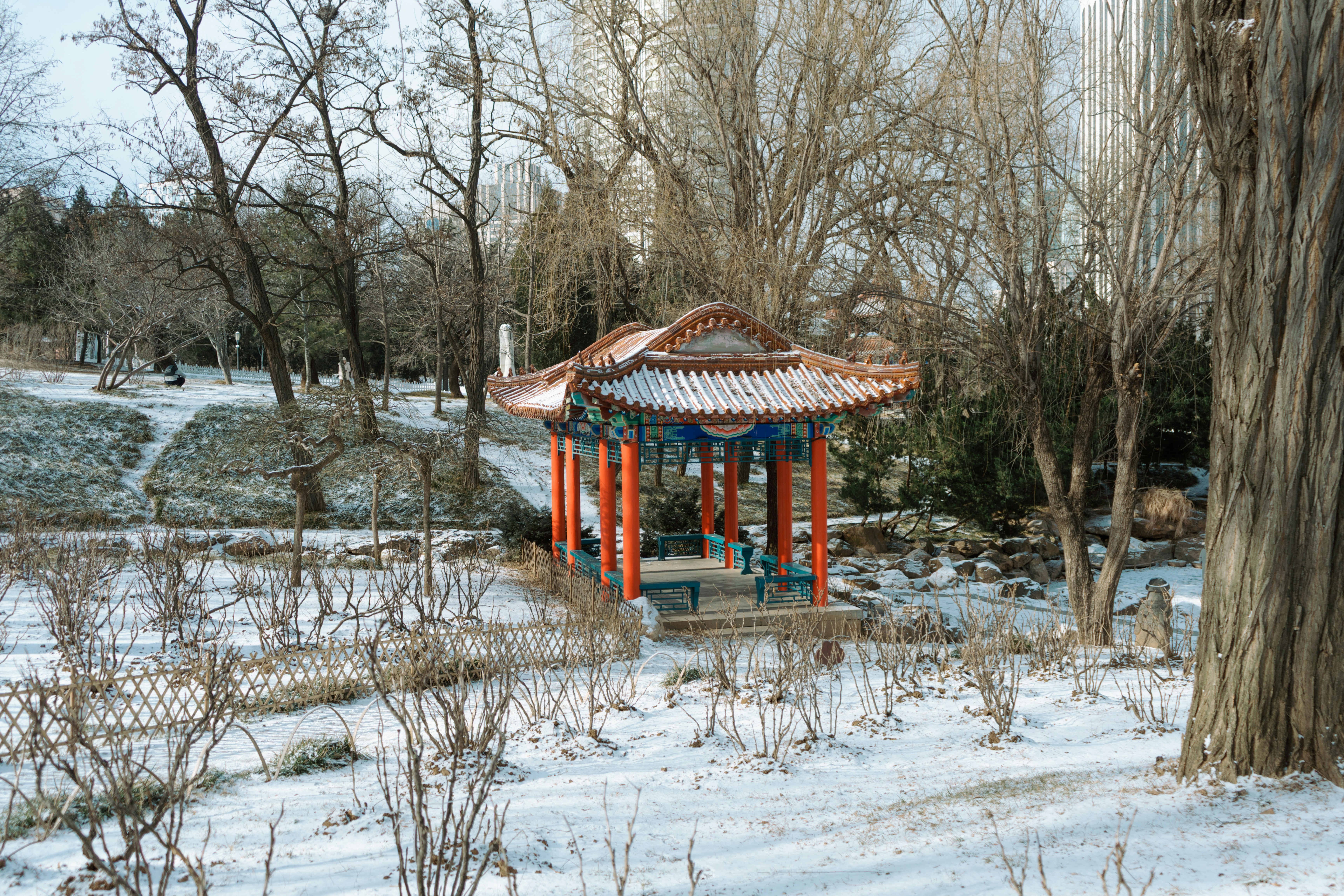 Winter Quiet Beneath the Red-Powered Pavilion