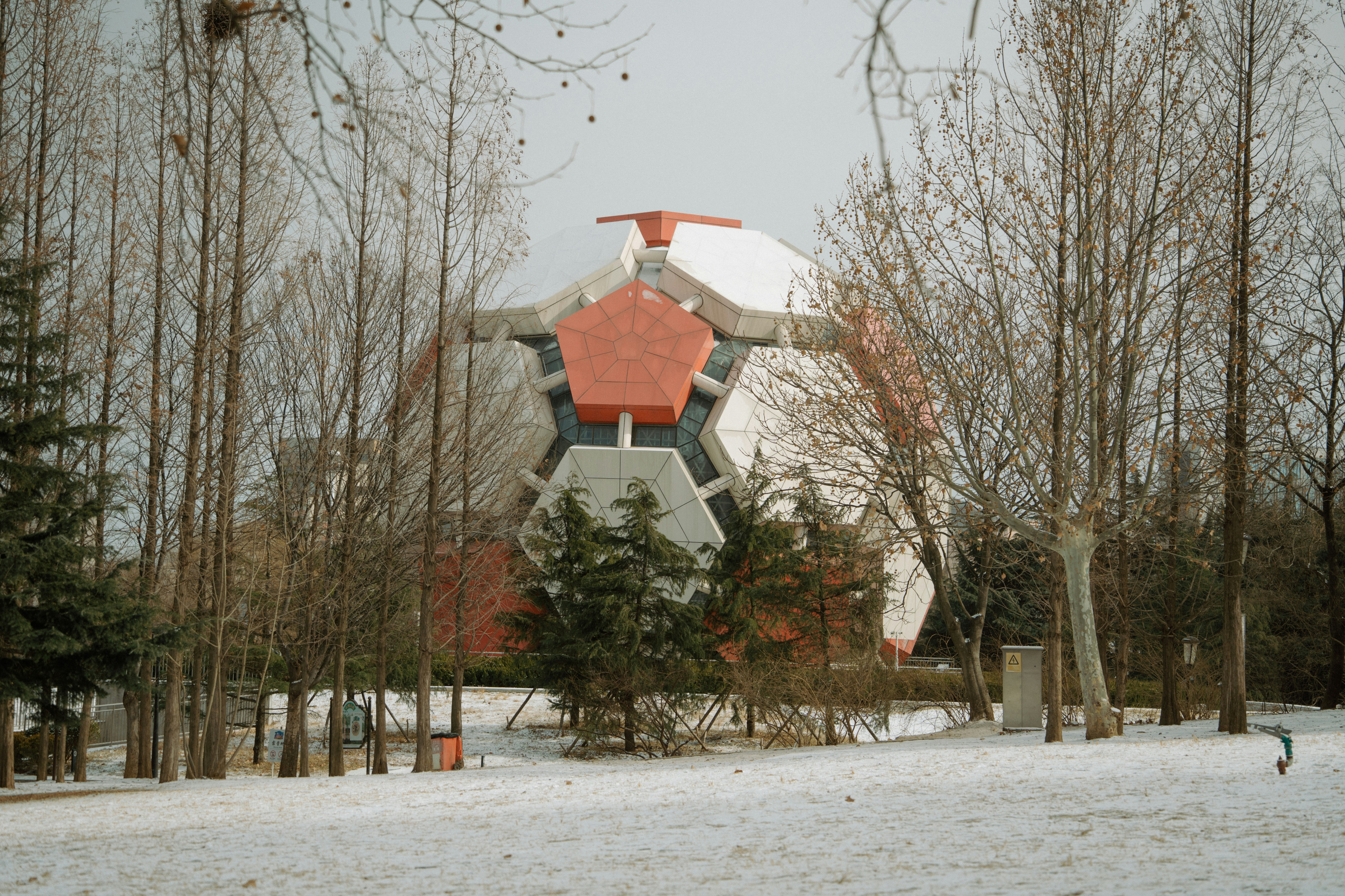 Geometric Observatory Rising from Winter Woods