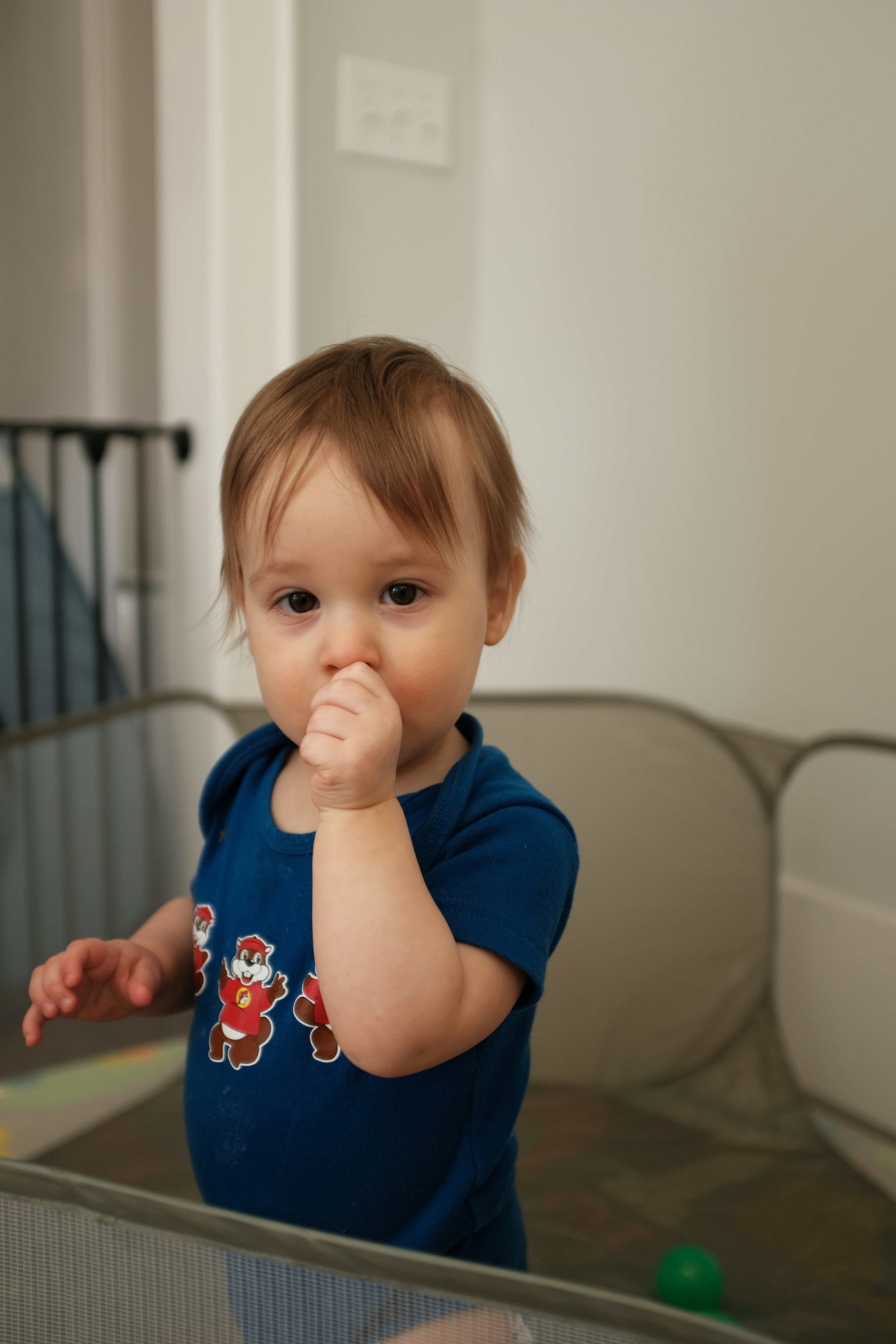 Curious Gaze: A Baby at Play Against a Soft Indoor Backdrop