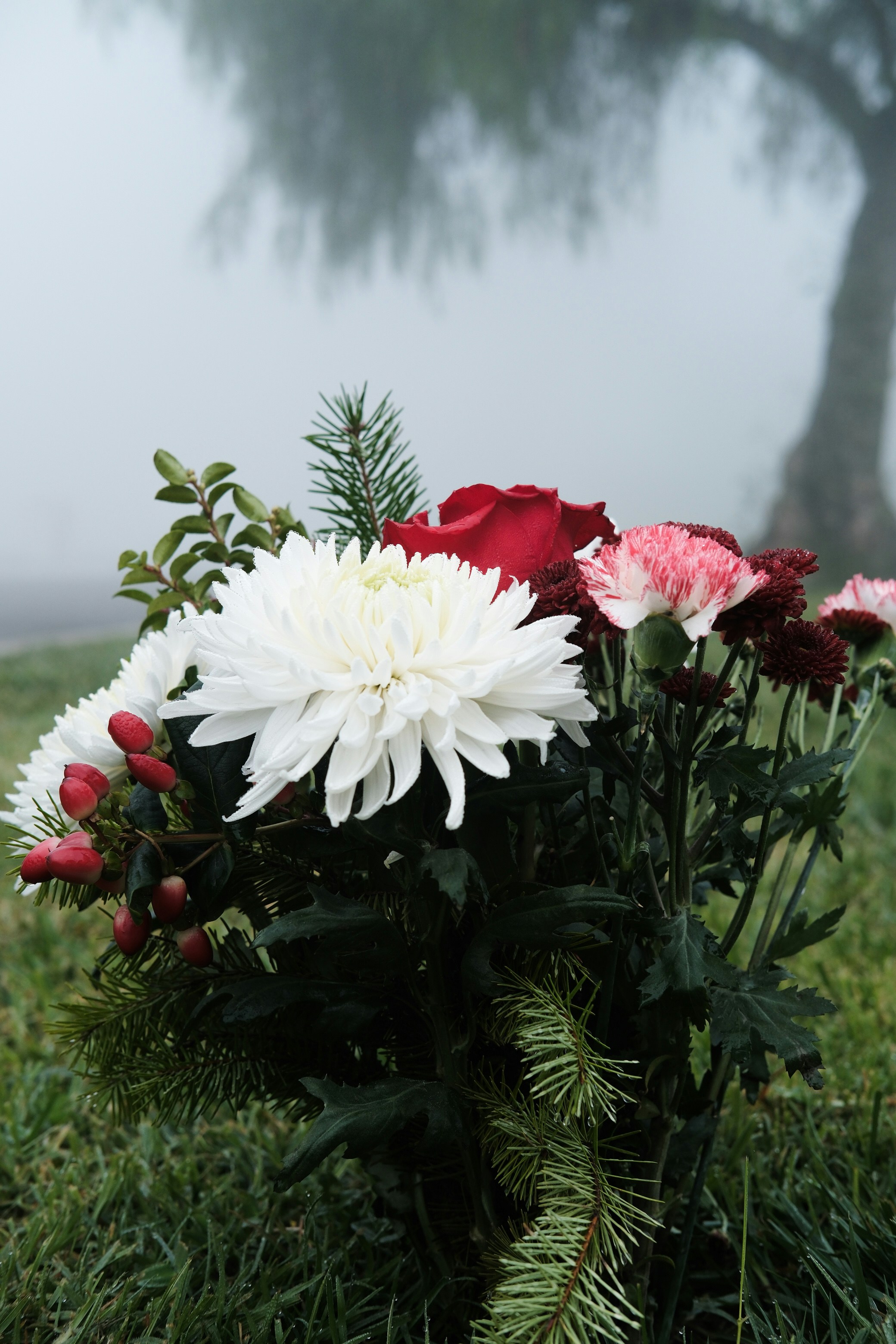 A bouquet of flowers on a misty day.