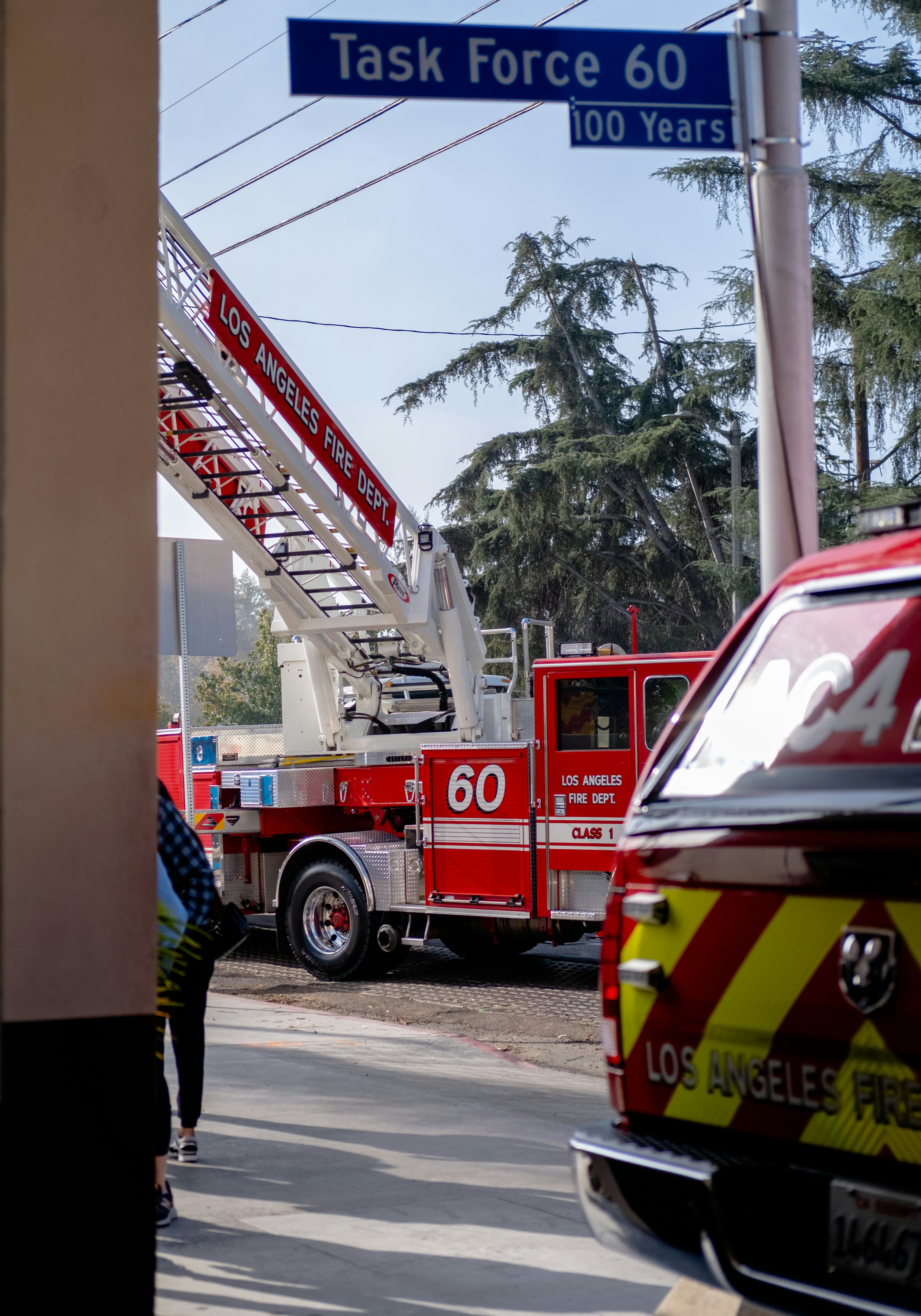 Los angeles fire department ladder truck and engine.