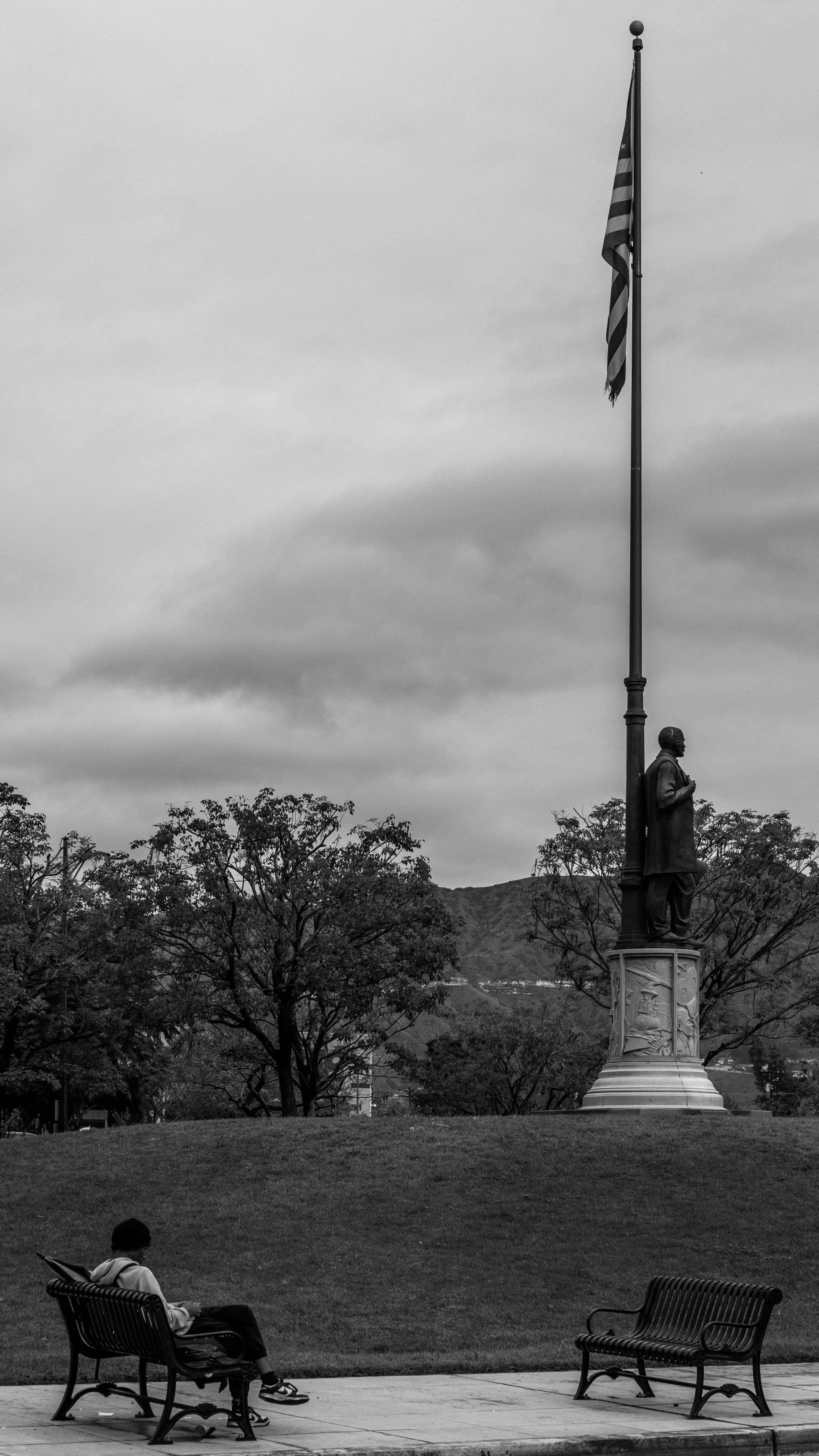 Flagpole Revered: A Quiet Park Scene with a Monumental Embrace