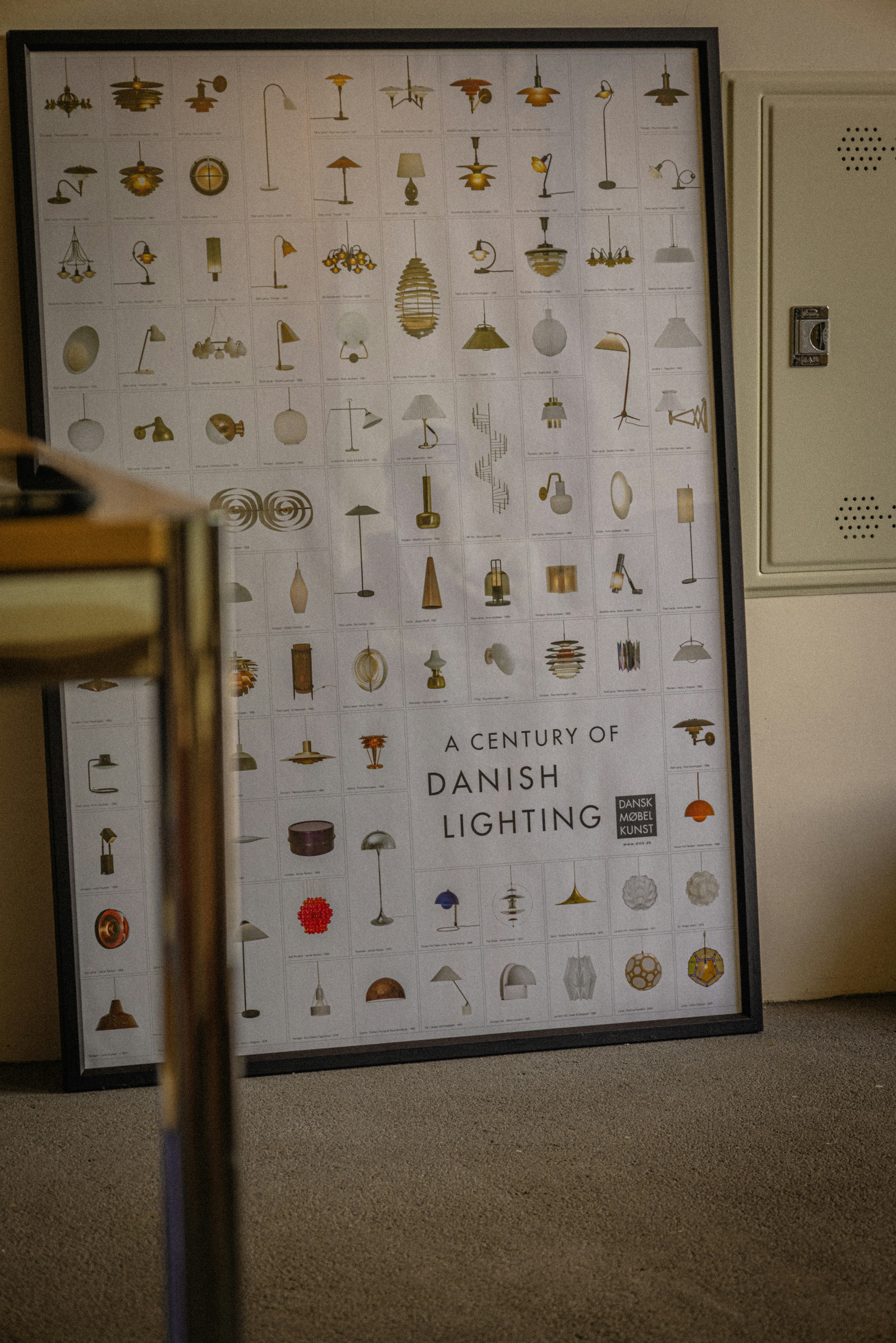 Framed poster titled 'A Century of Danish Lighting' stands in a quiet hallway, with a blurred foreground piece and a nearby electrical cabinet.