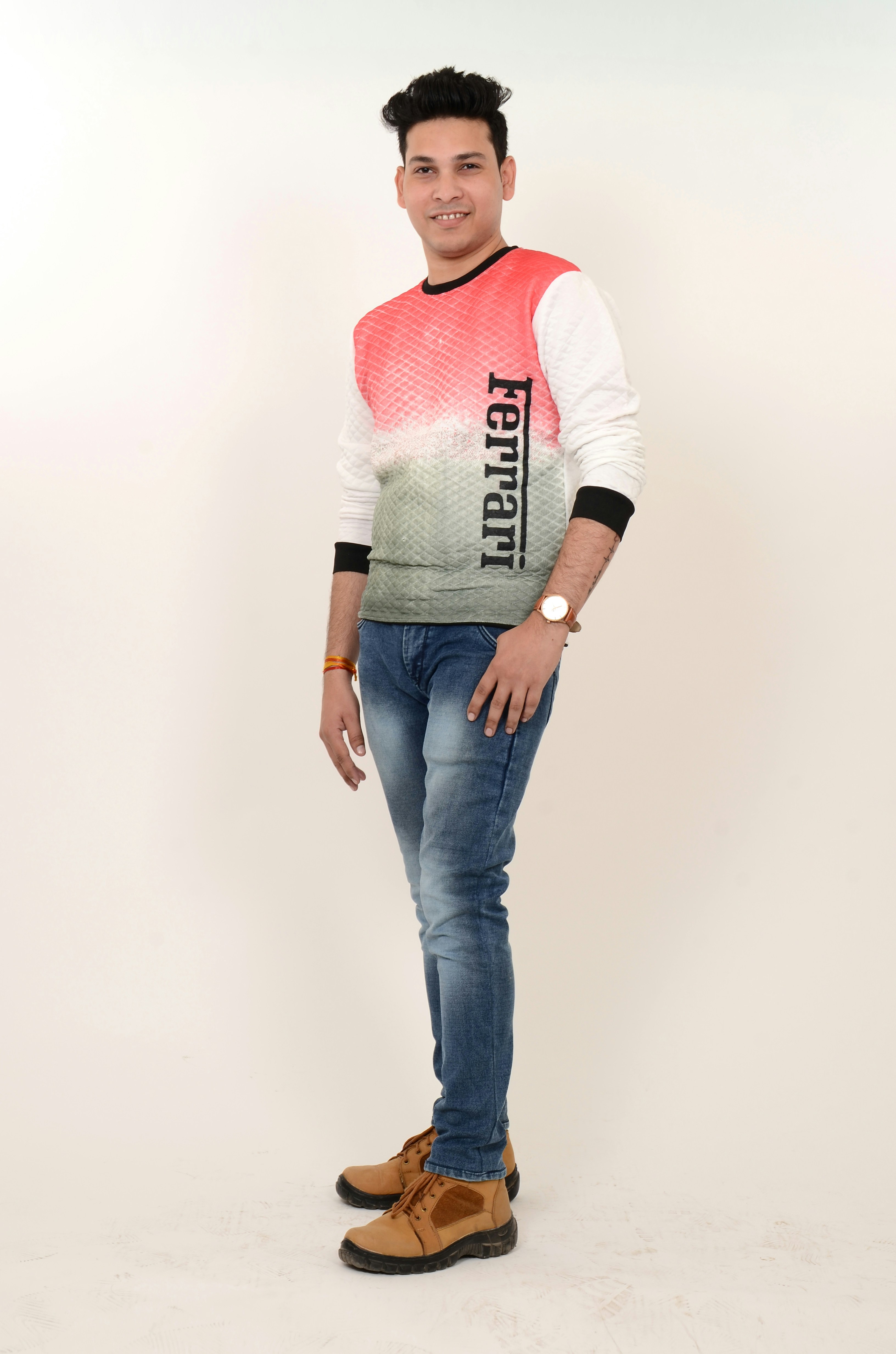 Stride and Style: A Confident Portrait in Color Block Knit
