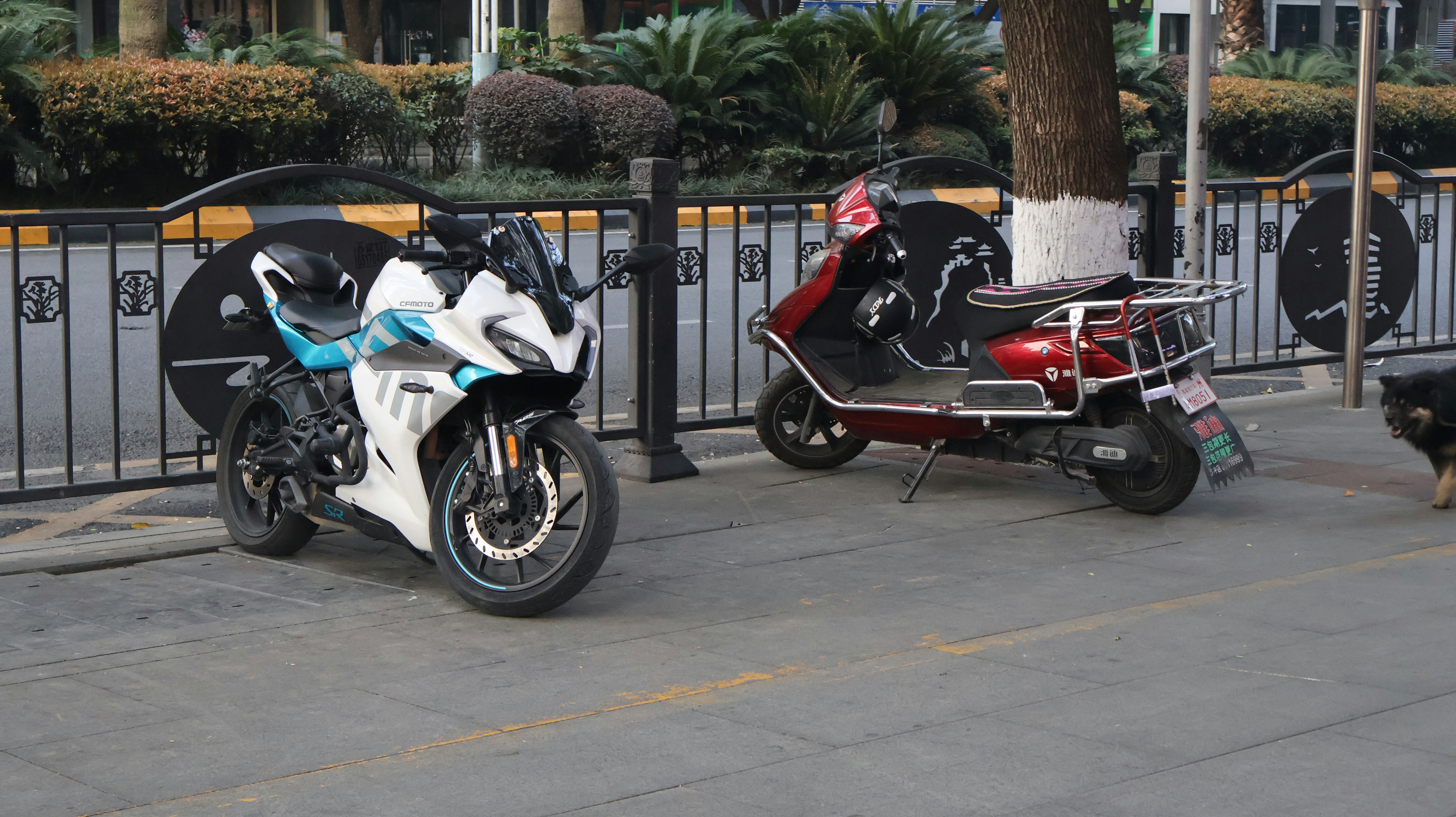 Two parked motorcycles on a city sidewalk with decorative railings