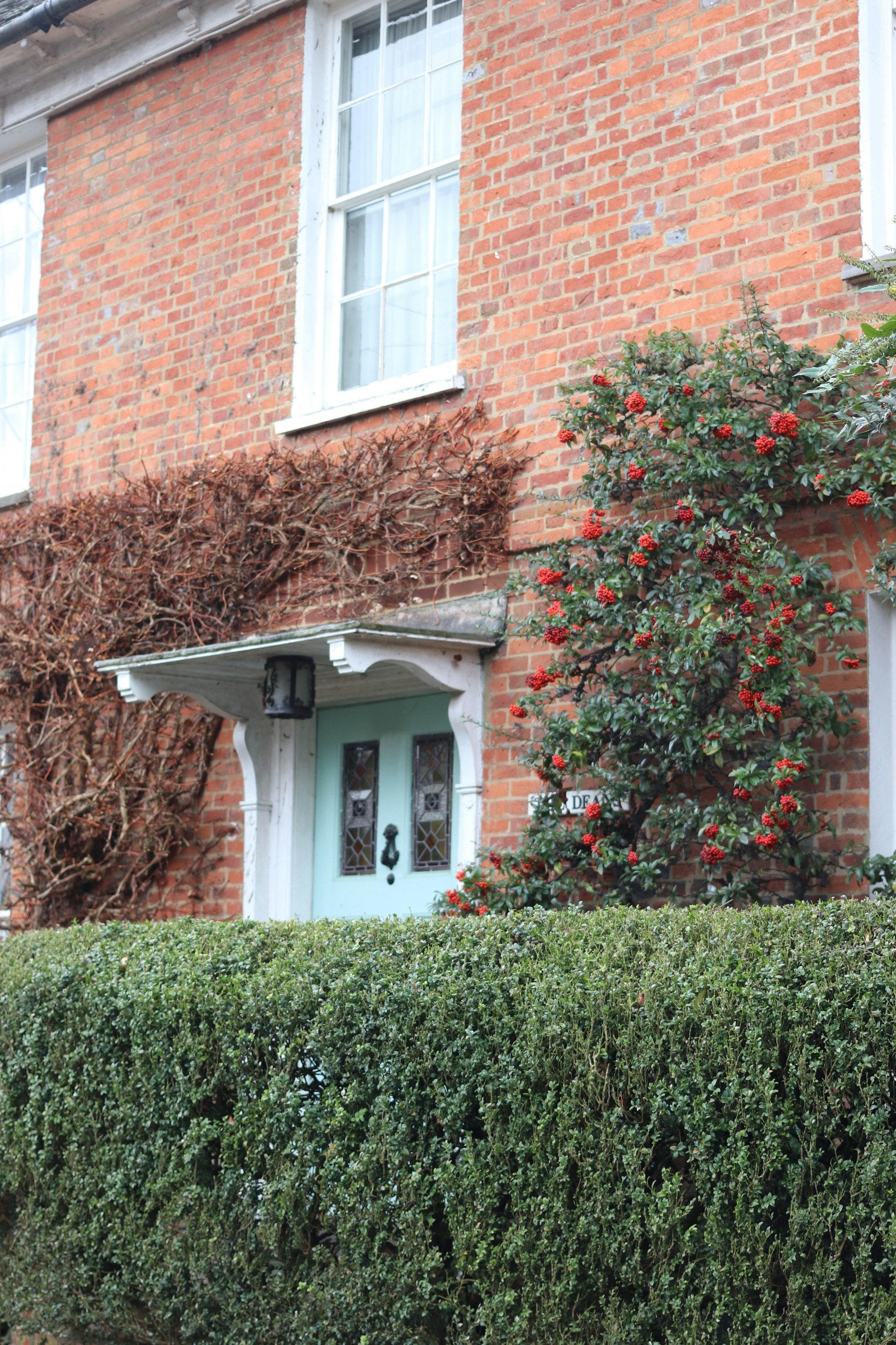 Brick Facade, Ivy, and Mint Doorway: A Quiet Residential Scene