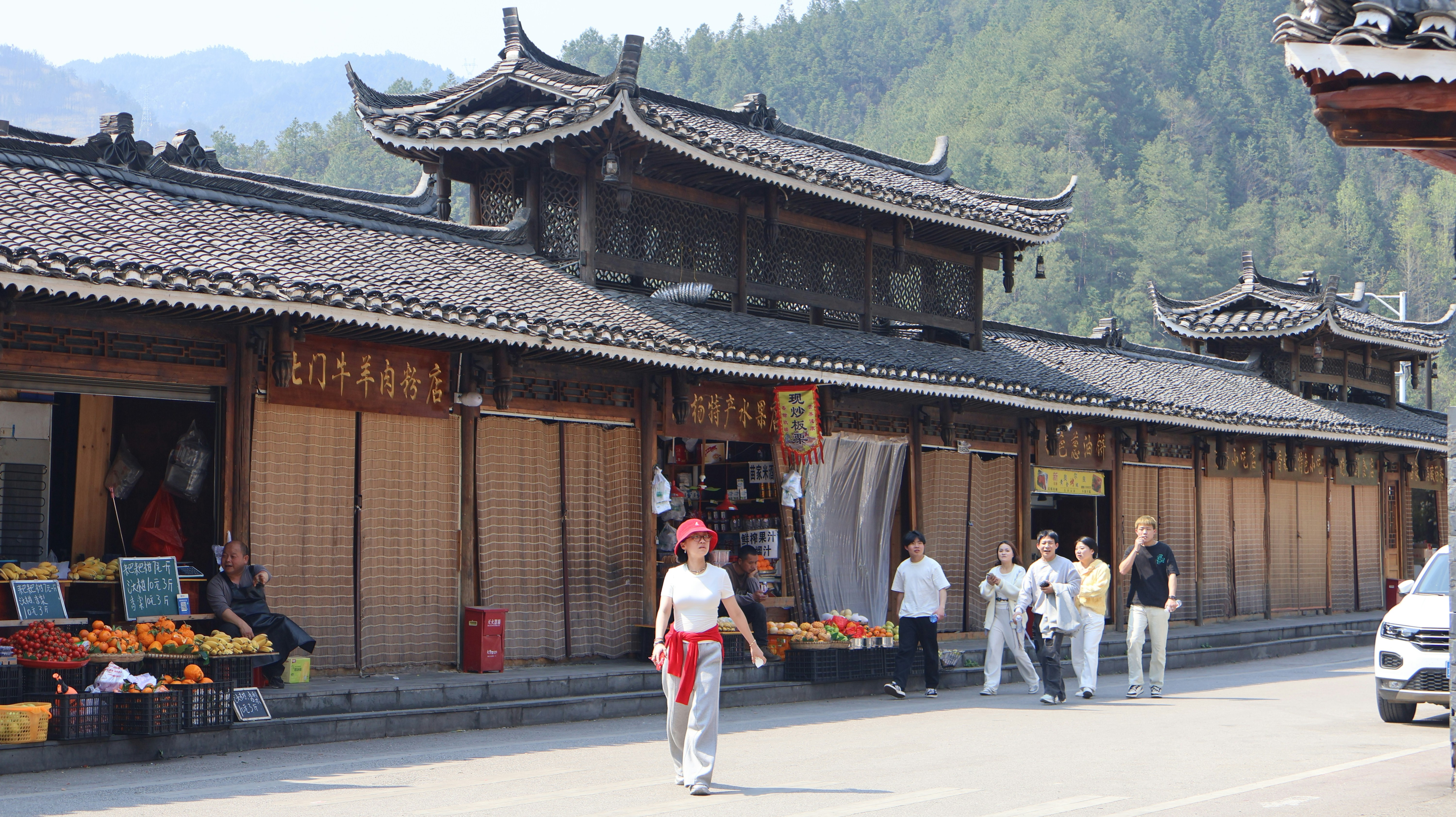 Curtained Market Lane Under Traditional Eaves