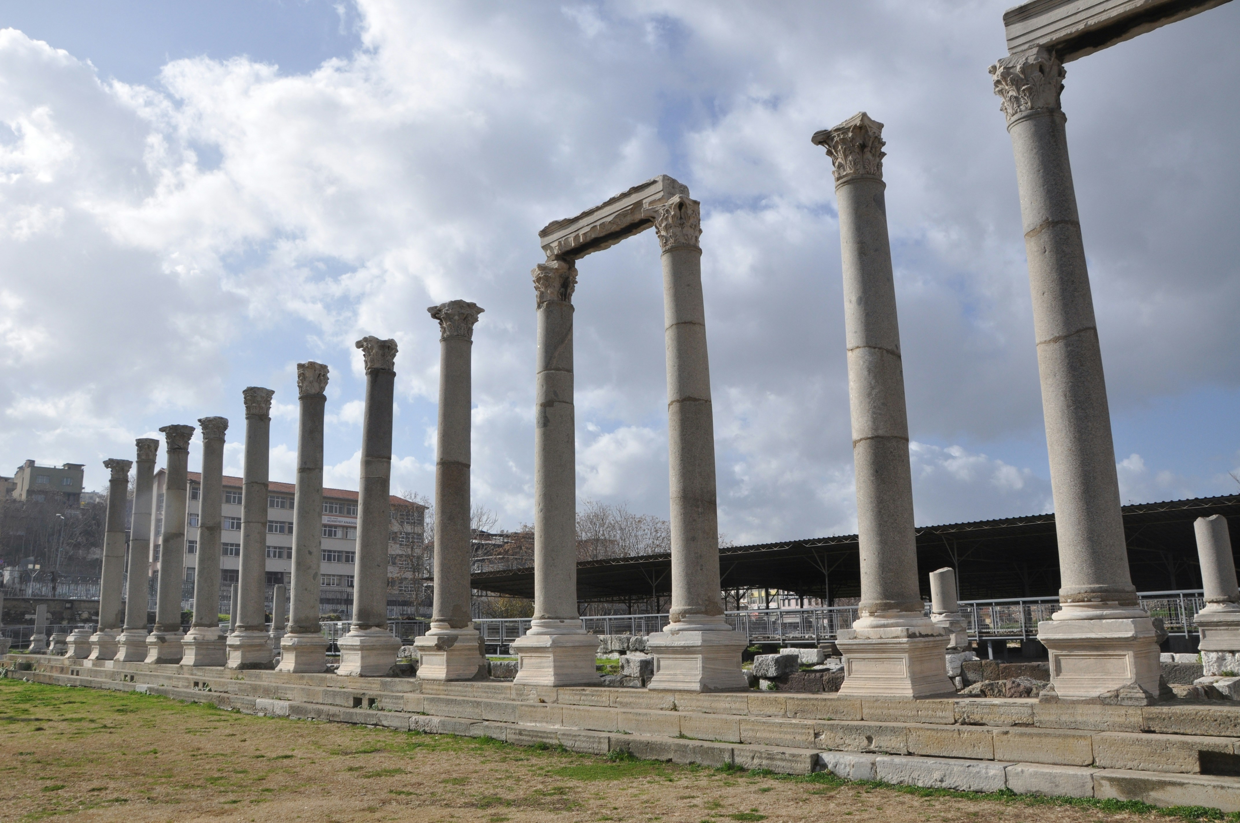 Columns of the Past: Row of ancient pillars under a wary sky