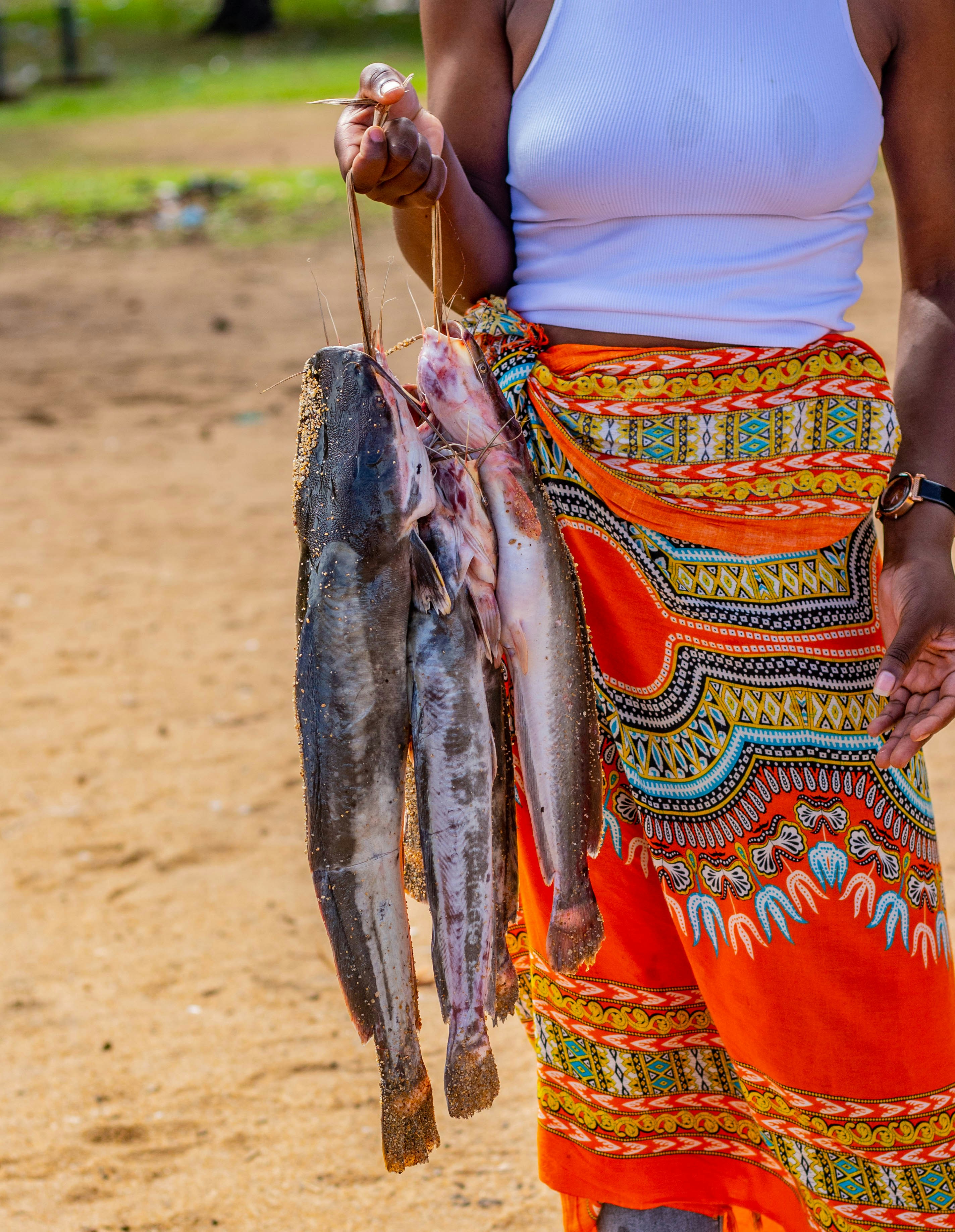 Femme tenant du poisson fraîchement pêché sur une plage photo – Image ...