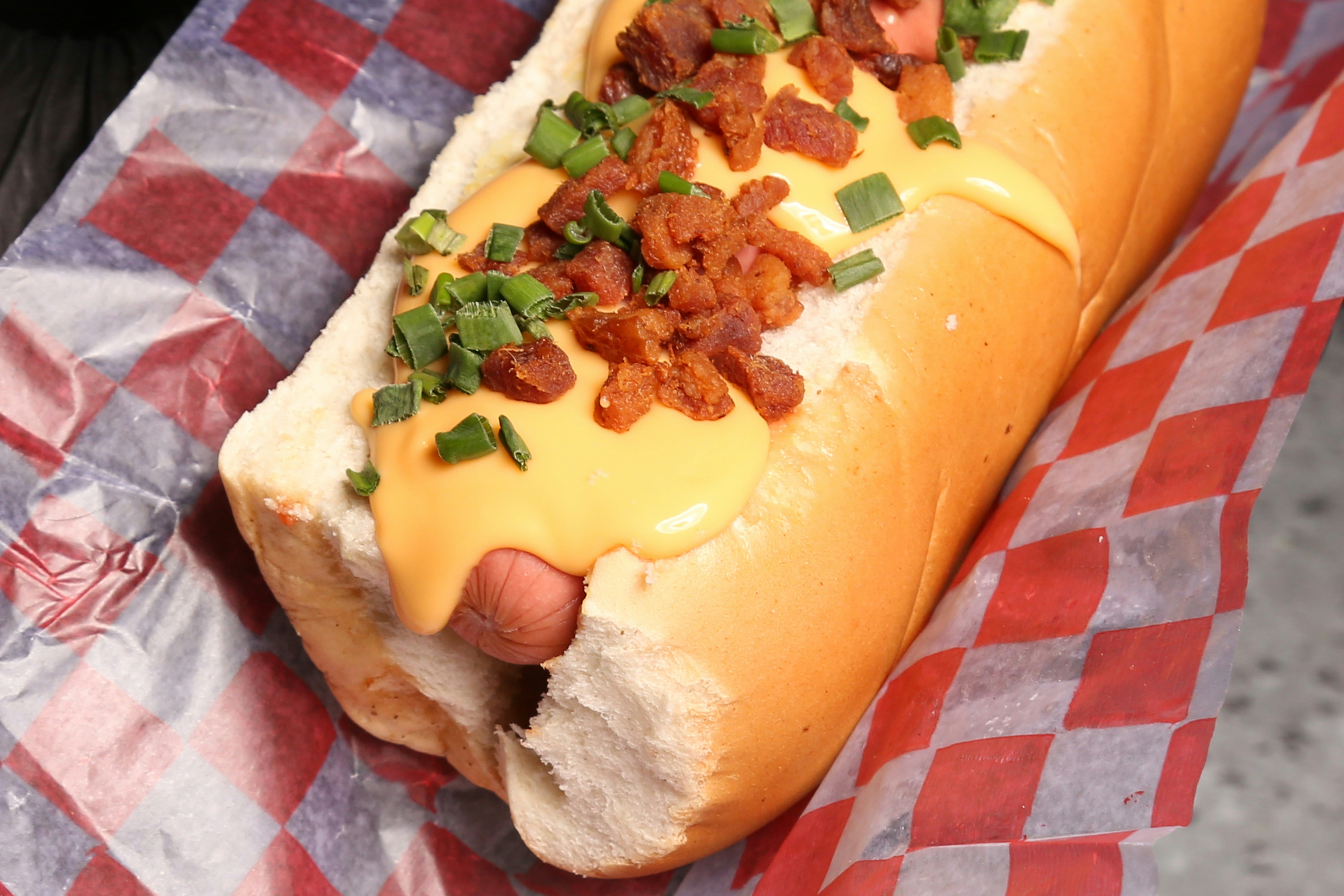 Loaded Cream-Cheese Salisbury Dog on a Chequered Wrap