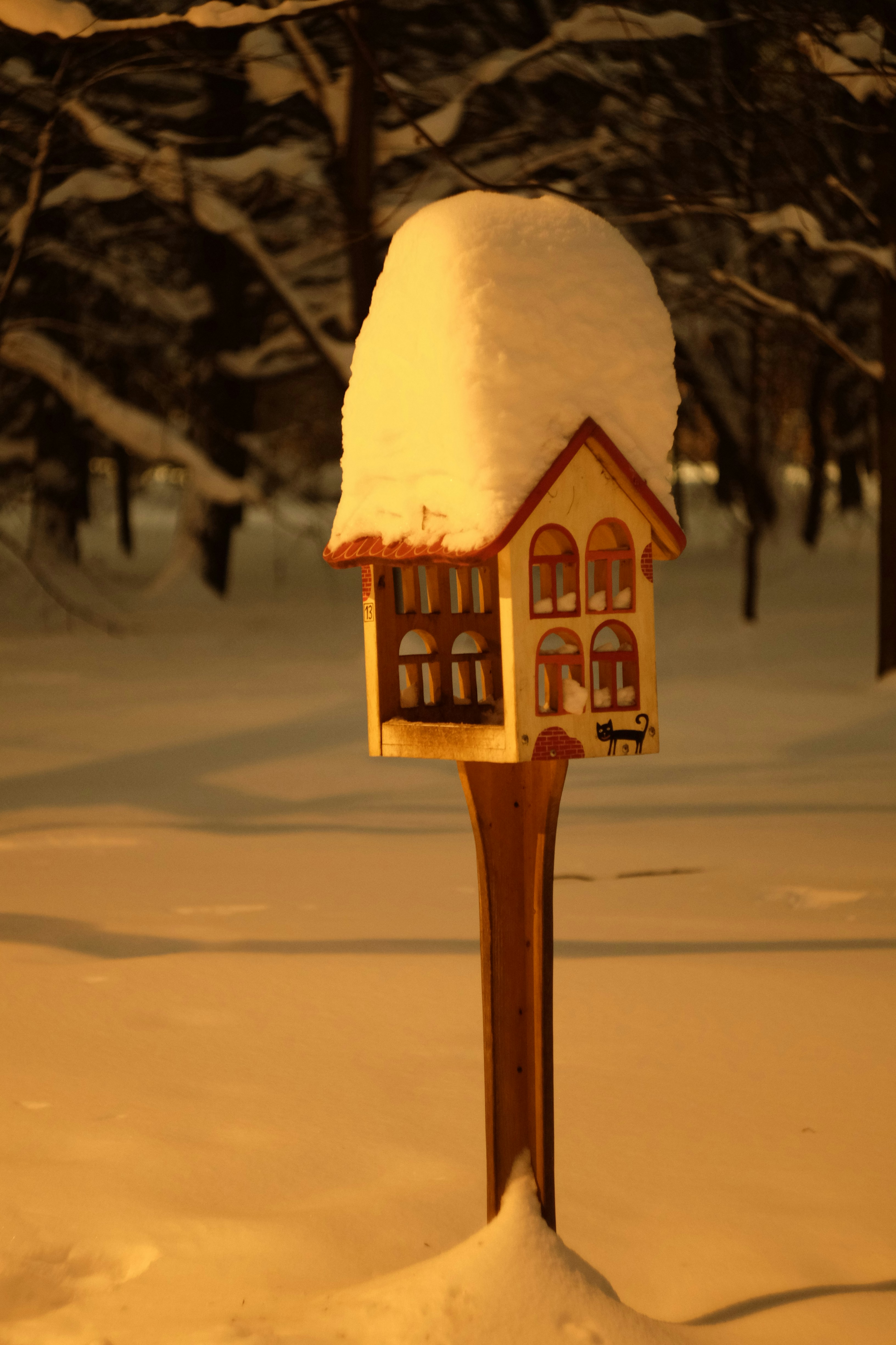 Snow-Capped Miniature Home on a Snow-blanketed Post
