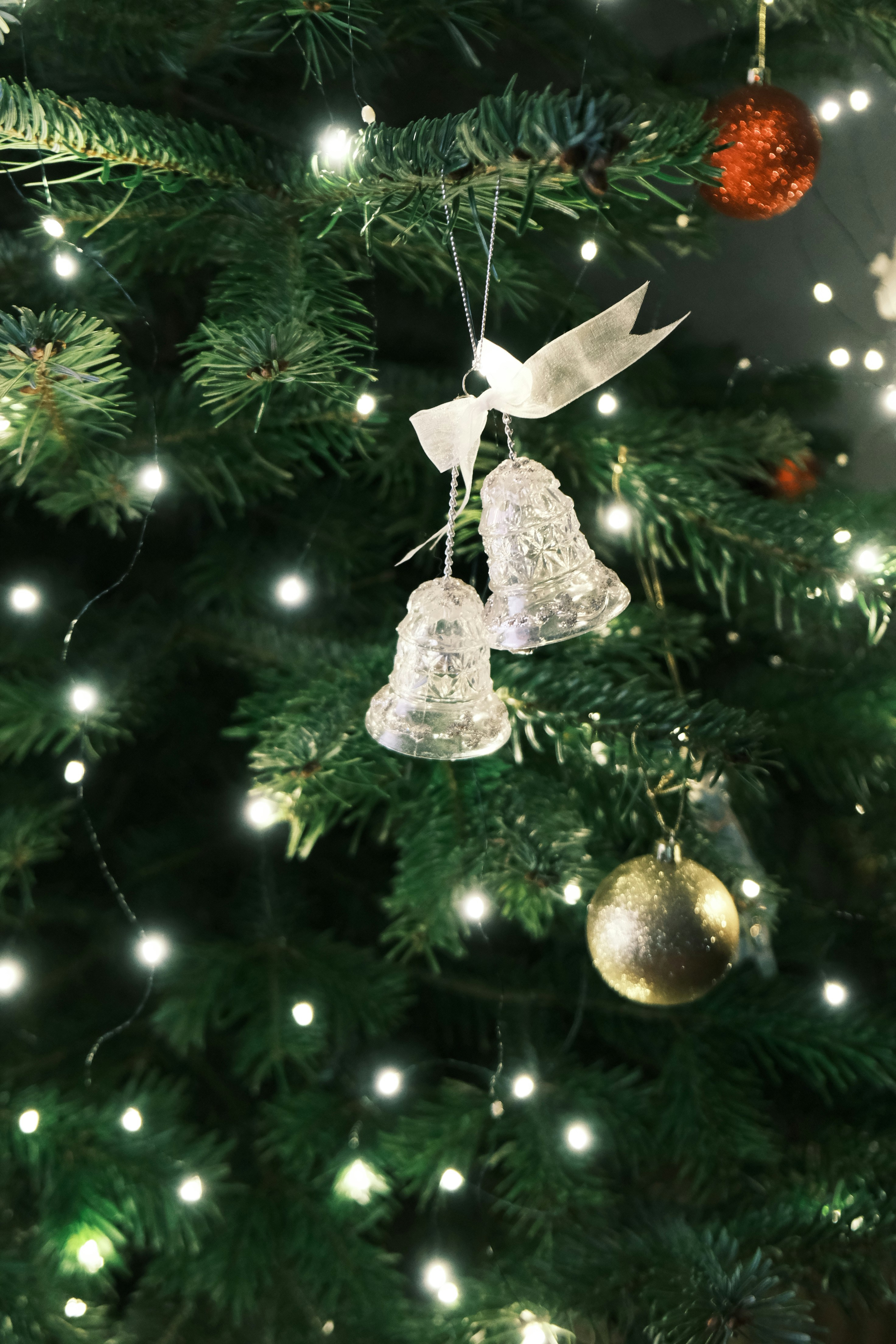 Hanging bells glint among a softly lit Christmas fir