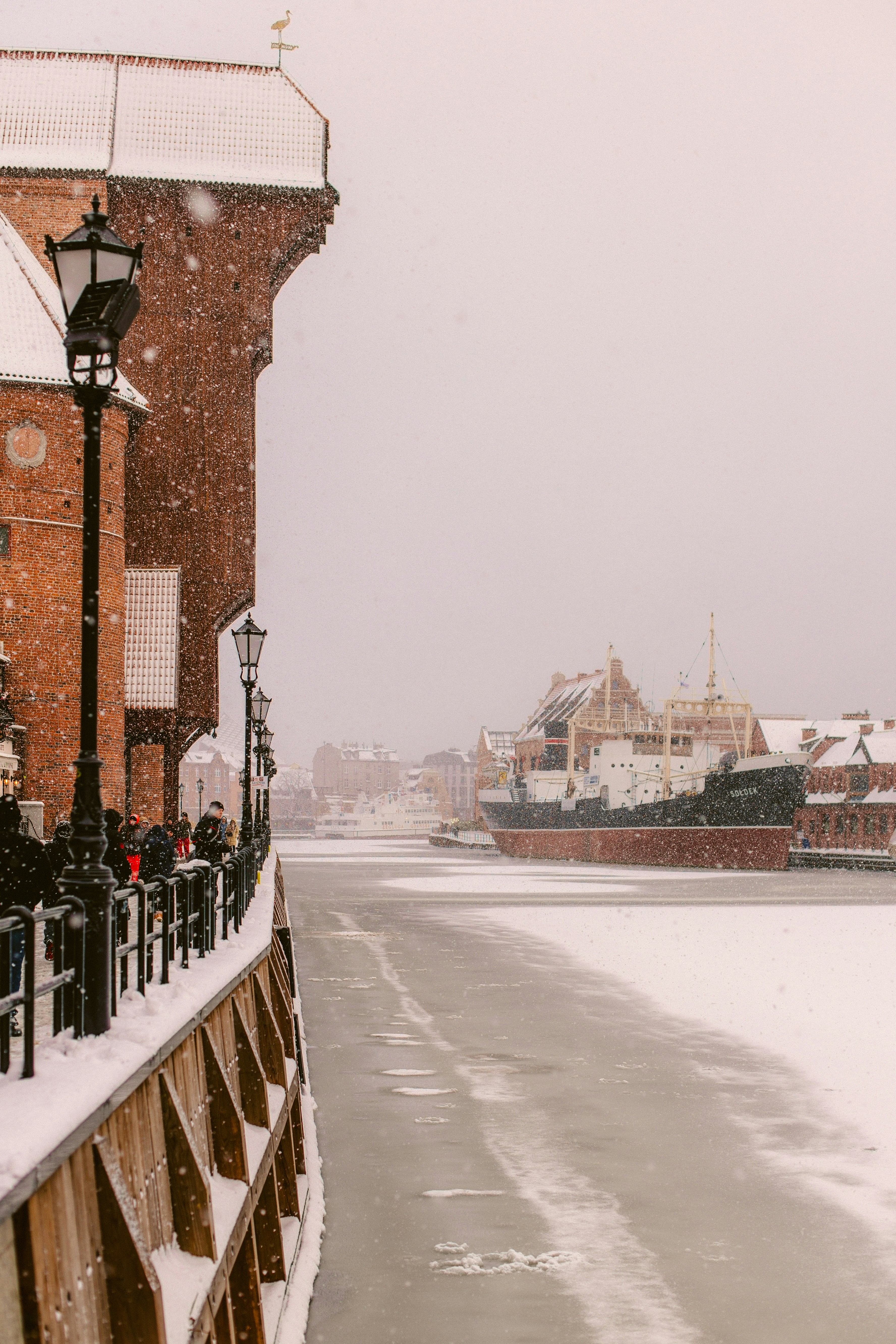 Snowy Riverside: A Crane of Quiet Winter by the Pier