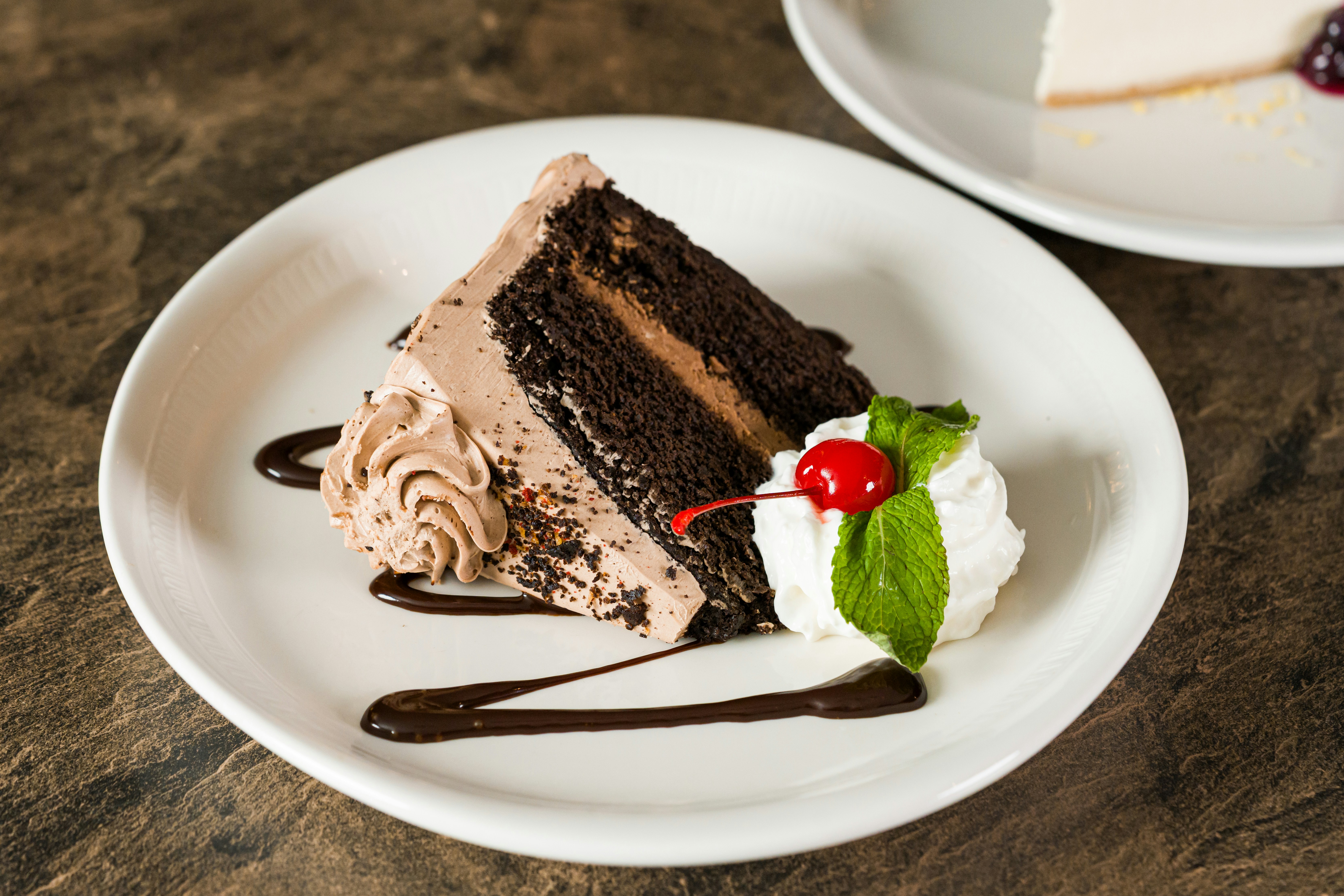 A slice of chocolate cake with whipped cream and cherry. photo – Free ...