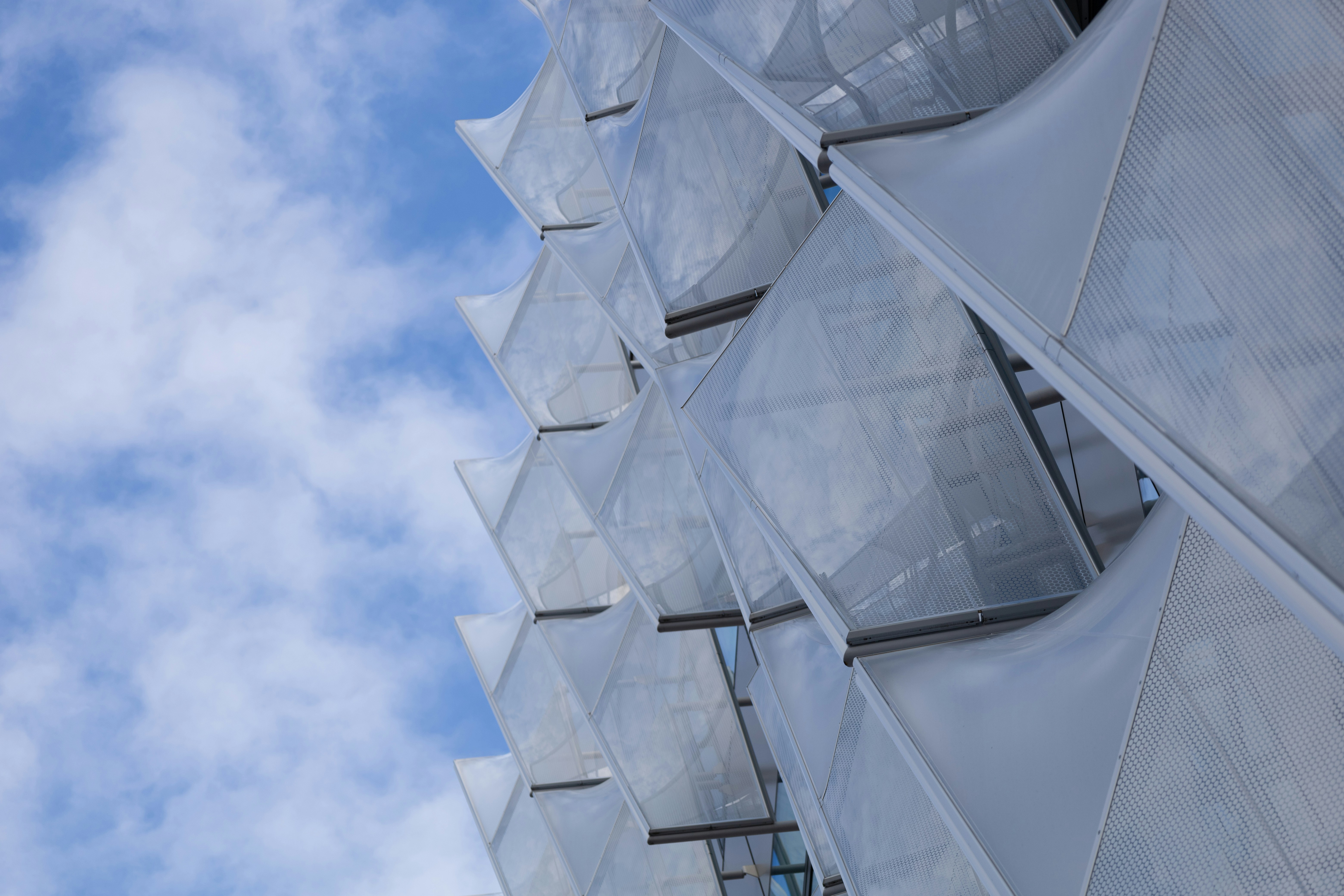 Architectural Mesh: Silver Facades Against a Free Sky