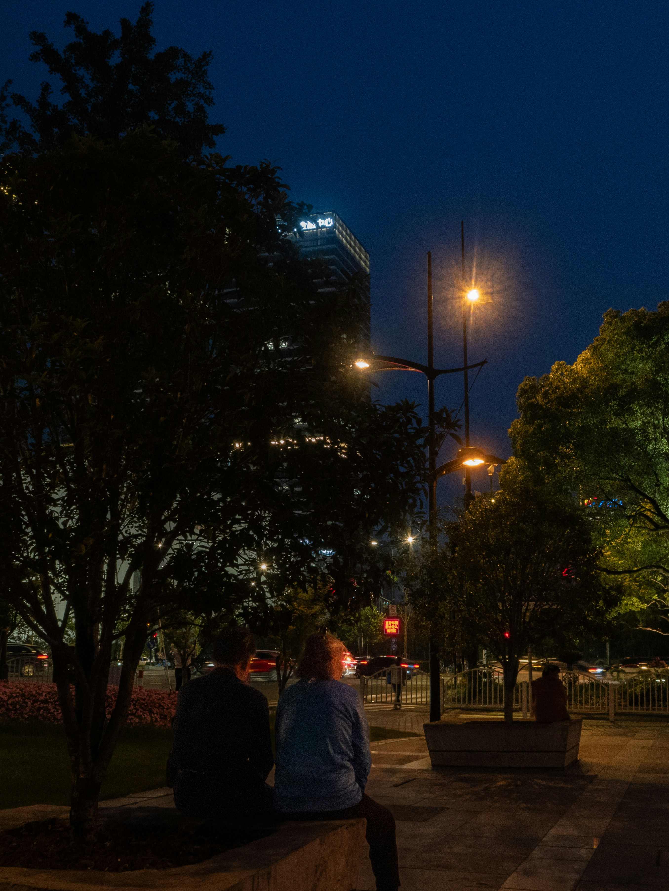 Two people sit on a bench at night.