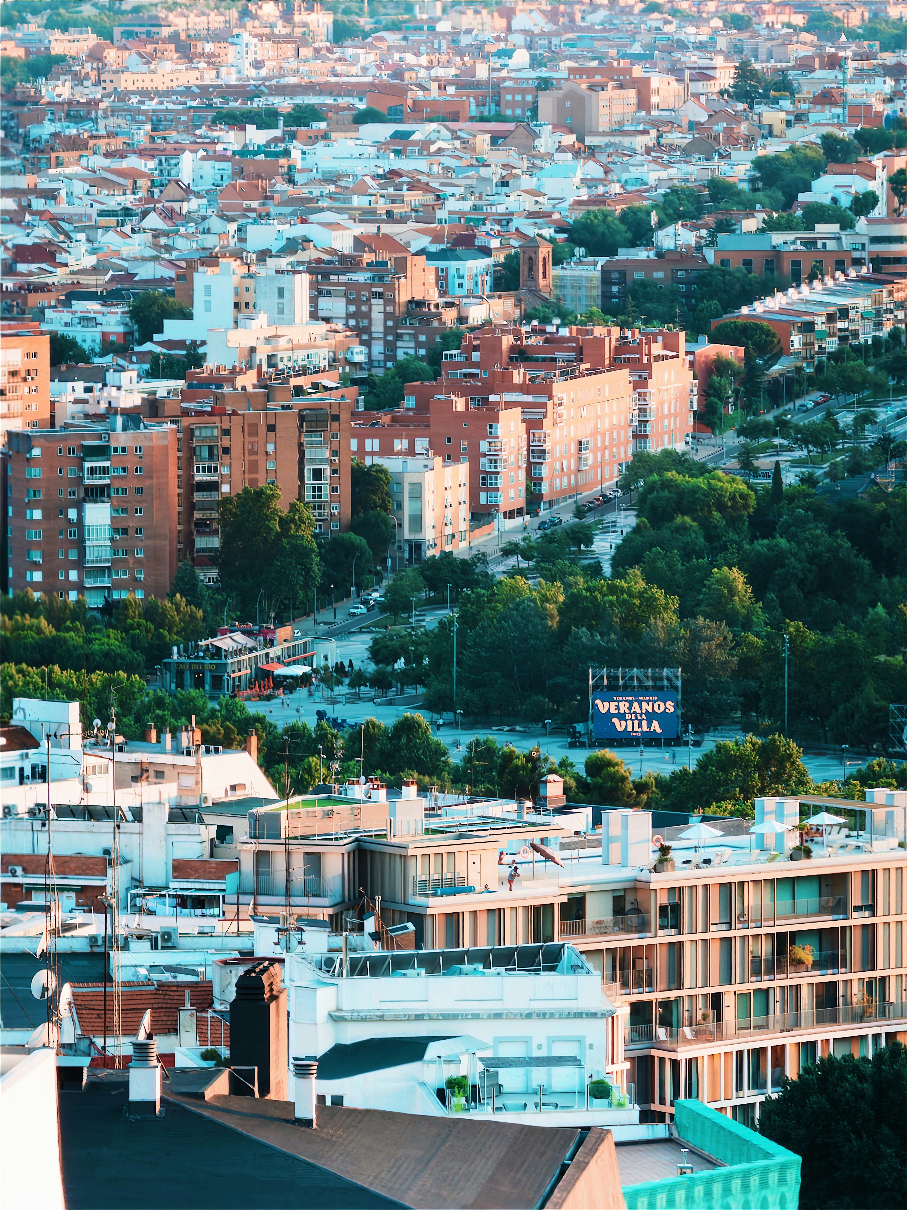 Rising Blocks and Green Cushions: A Sunlit Cityscape from Above